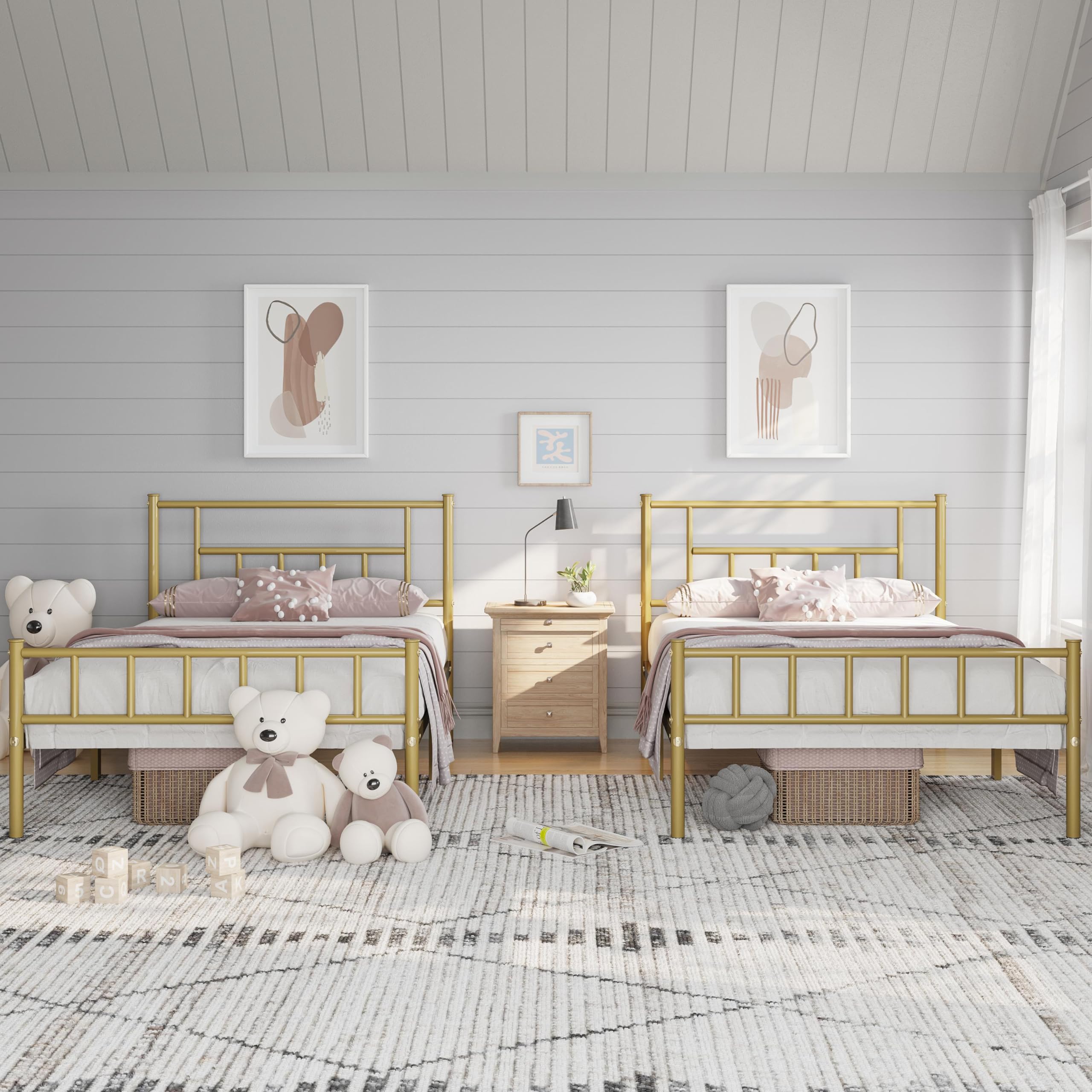Yaheetech 13 inch King Size Metal Bed Frame with Headboard and Footboard Platform Bed Frame with Storage No Box Spring Needed Mattress Foundation Antique Gold