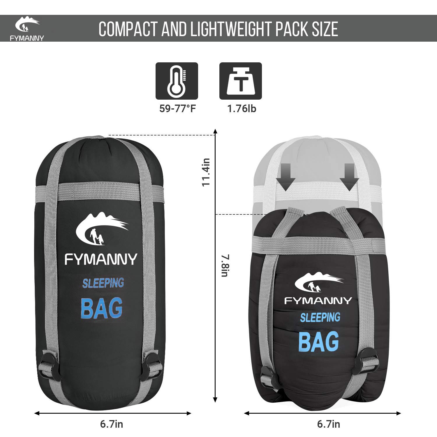 Warm Weather Sleeping Bag, FYMANNY Portable Waterproof Compact Lightweight Comfort with Compression Sack for Camping Backpacking Hiking, 83 L x 30" W Fits Adults(Black)