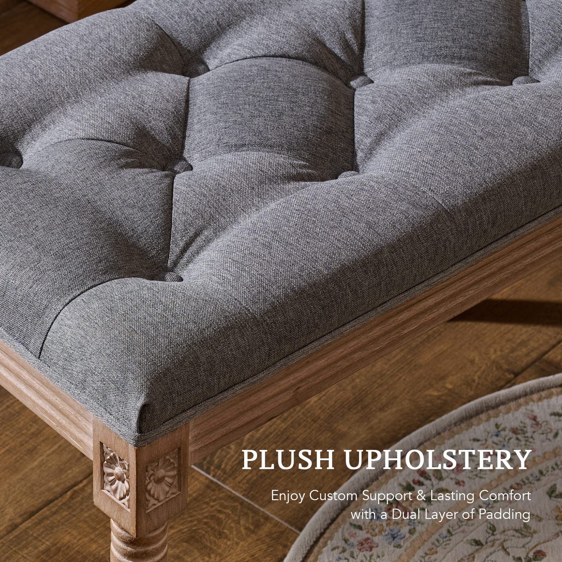 VONLUCE Vintage Bench, 31 in x 16 in, Beige Rubberwood, Button Tufted, with 2 Layer Padding, for Foyers, Entryways, Piano, Dining, Living Room