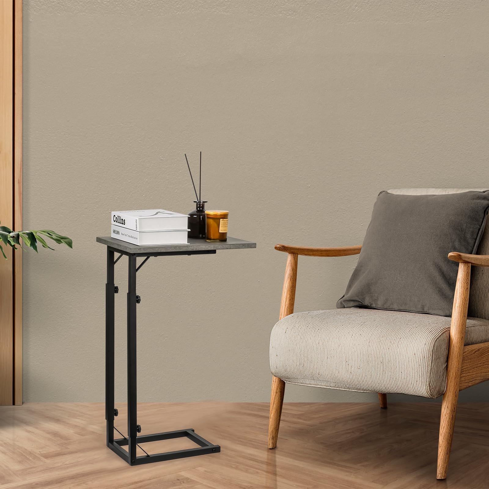 WHEARTED Adjustable C Shaped End Table - C Table Side Table for Couch and Sofa, Small Coffee Table with Metal Frame in Living Room, Bedroom, Bedside Rustic Gray