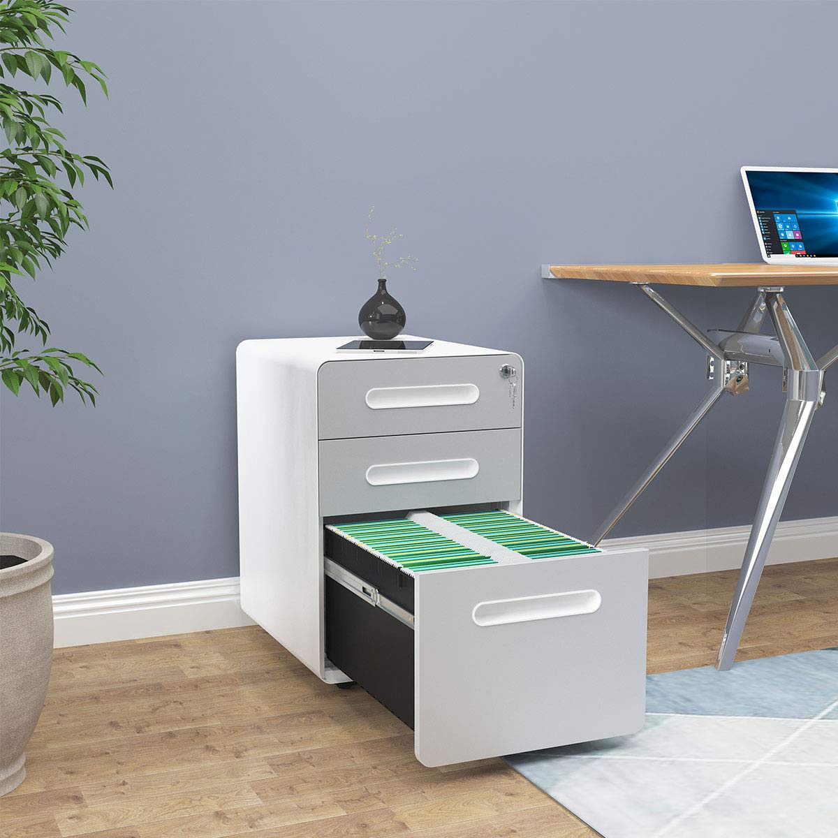 YITAHOME 3-Drawer Rolling File Cabinet, Metal Mobile File Cabinet with Lock, Filing Cabinet Under Desk fits Legal/A4 Size for Home/Office, Fully Assembled-Gray and White
