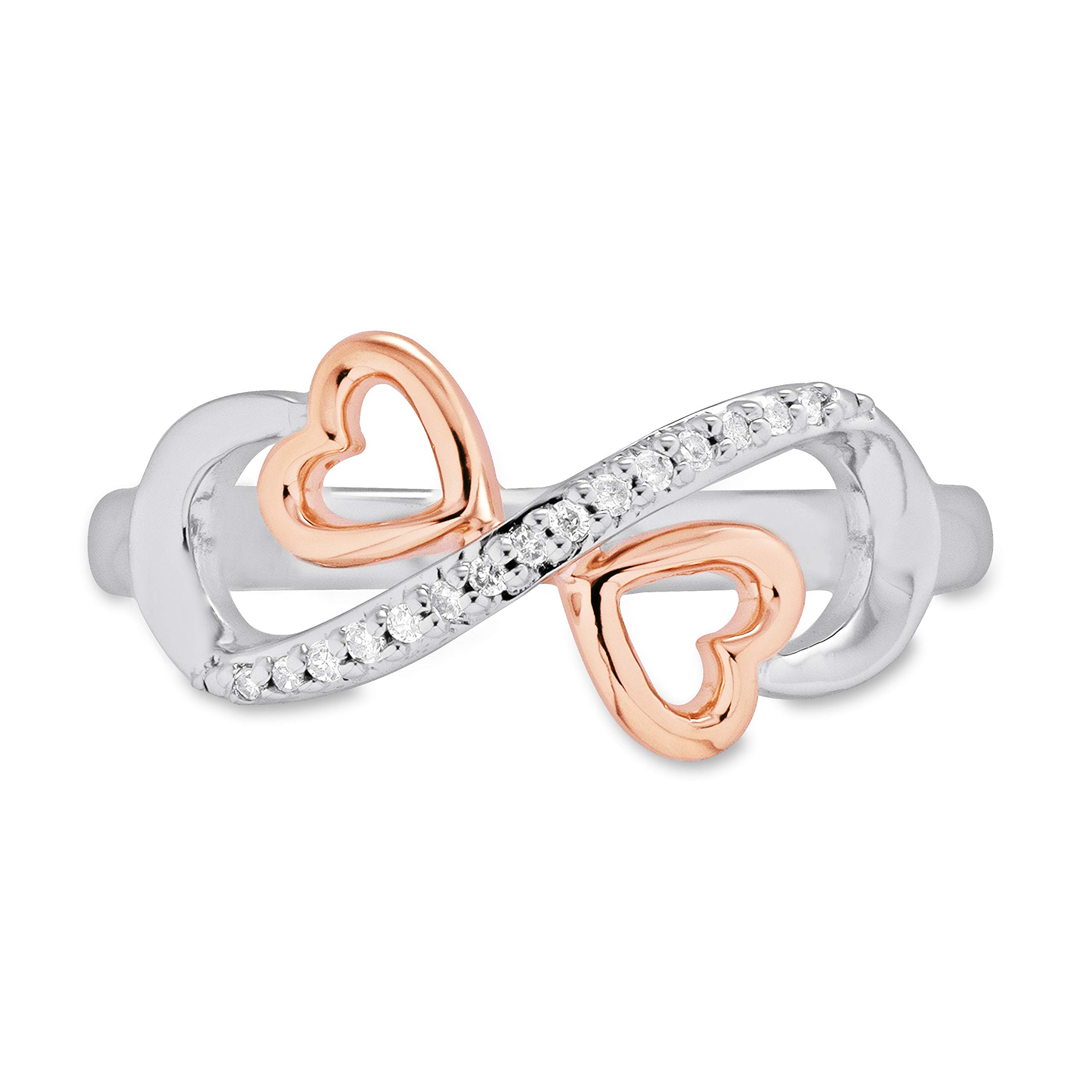 Two Tone 14K Rose Gold Plated .925 Sterling Silver Diamond Accented Infinity Knot with Hearts Promise Ring (I-J Color, I2-I3 Clarity) - Size 9