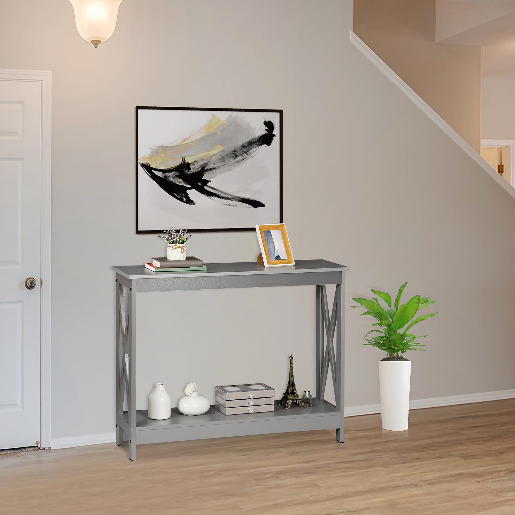 SUPER DEAL 2-Tier Narrow Console Sofa Side Table for Entryway/Hallway/Living Room, 39.3in L x 11.8in W x 31.6in H, Grey