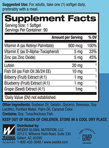 Weider Vision Complete Formula with Lutein Zinc and Fish Oil, Dietary Supplement to Reduce Eye Fatigue, 90 Count