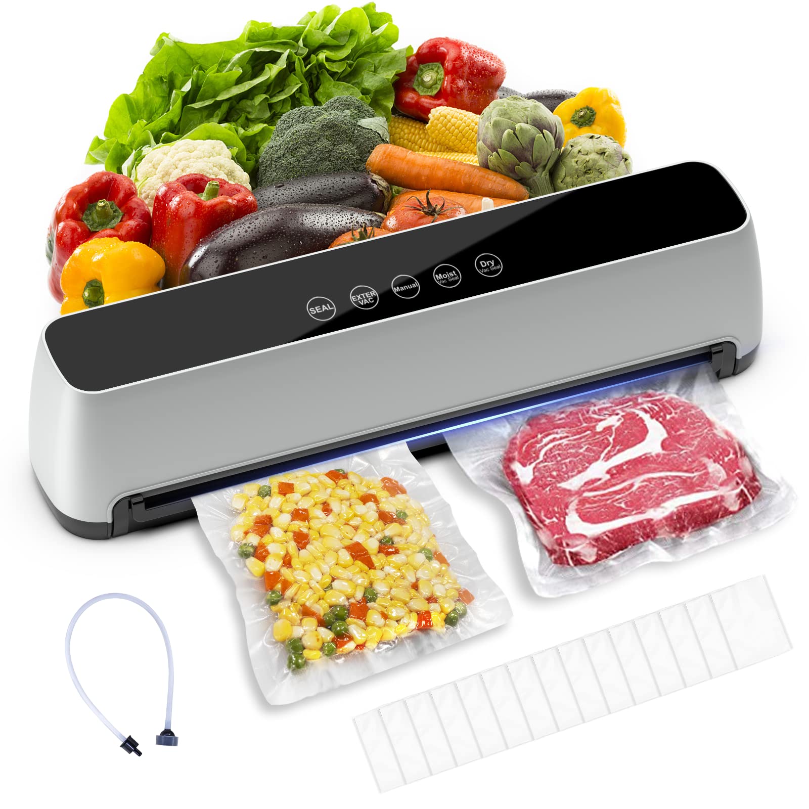 Vacuum Sealer Machine New Upgraded One-Touch Full Automatic Vacuum Sealer with LED Touch Screen Indicator Lights,Air Sealing System for Food Storage Dry/Moist Modes with 15 Seal Bags and 1 Hose.