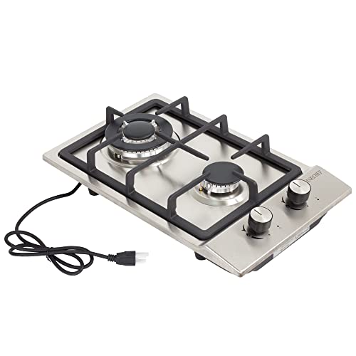 shinechef Gas Cooktop 2 Burners, Portable Stainless Steel Stove NG/LPG Conversion Kit with Flameout Protection Device