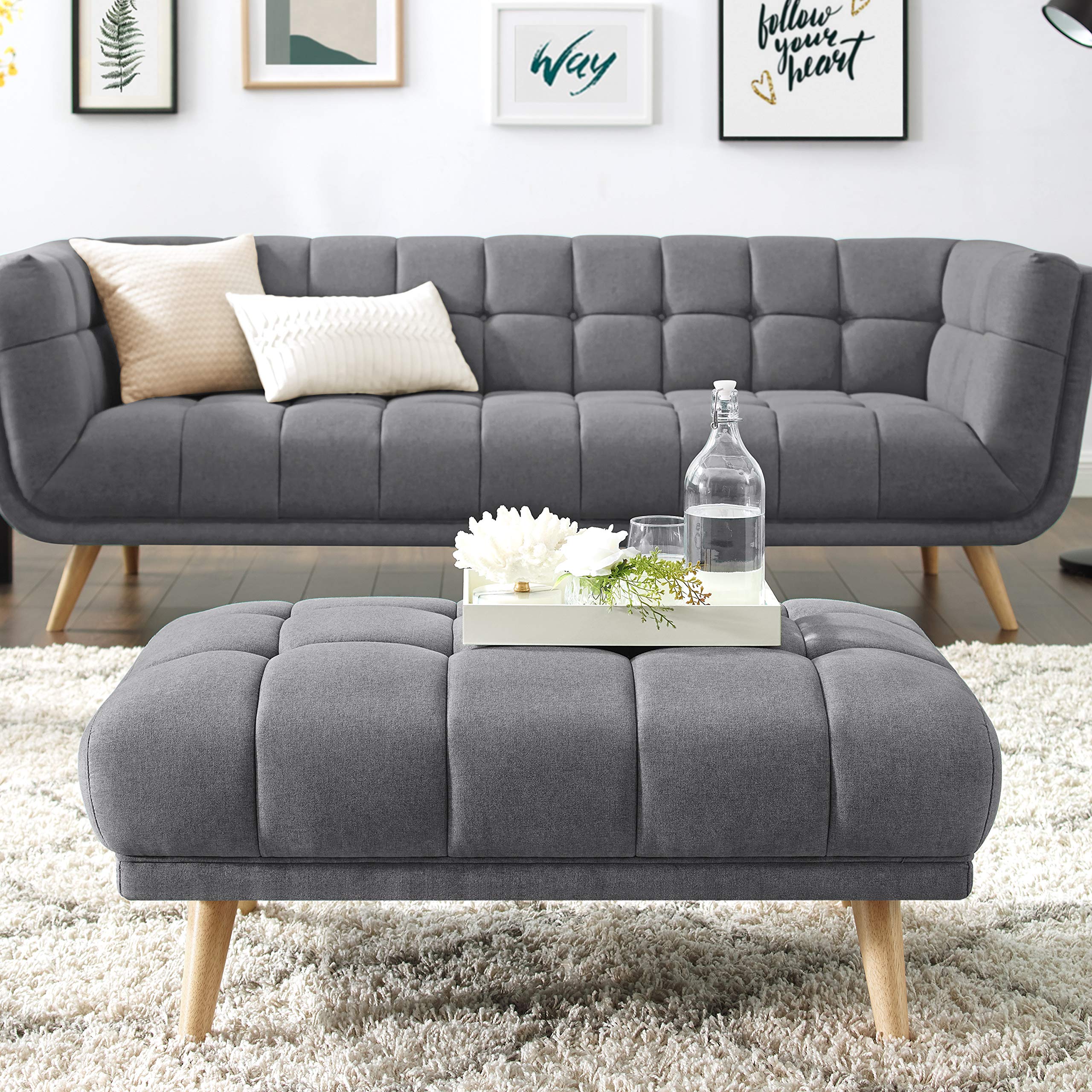 Volans Tufted Ottoman Large, Mid Century Modern Rustic Microfiber Fabric Uphstered Low Rectangle Leisure Couch Ottoman Table with Wood Legs for Living Room/Bed Room/Dorm/Home/Office(Pure Grey)