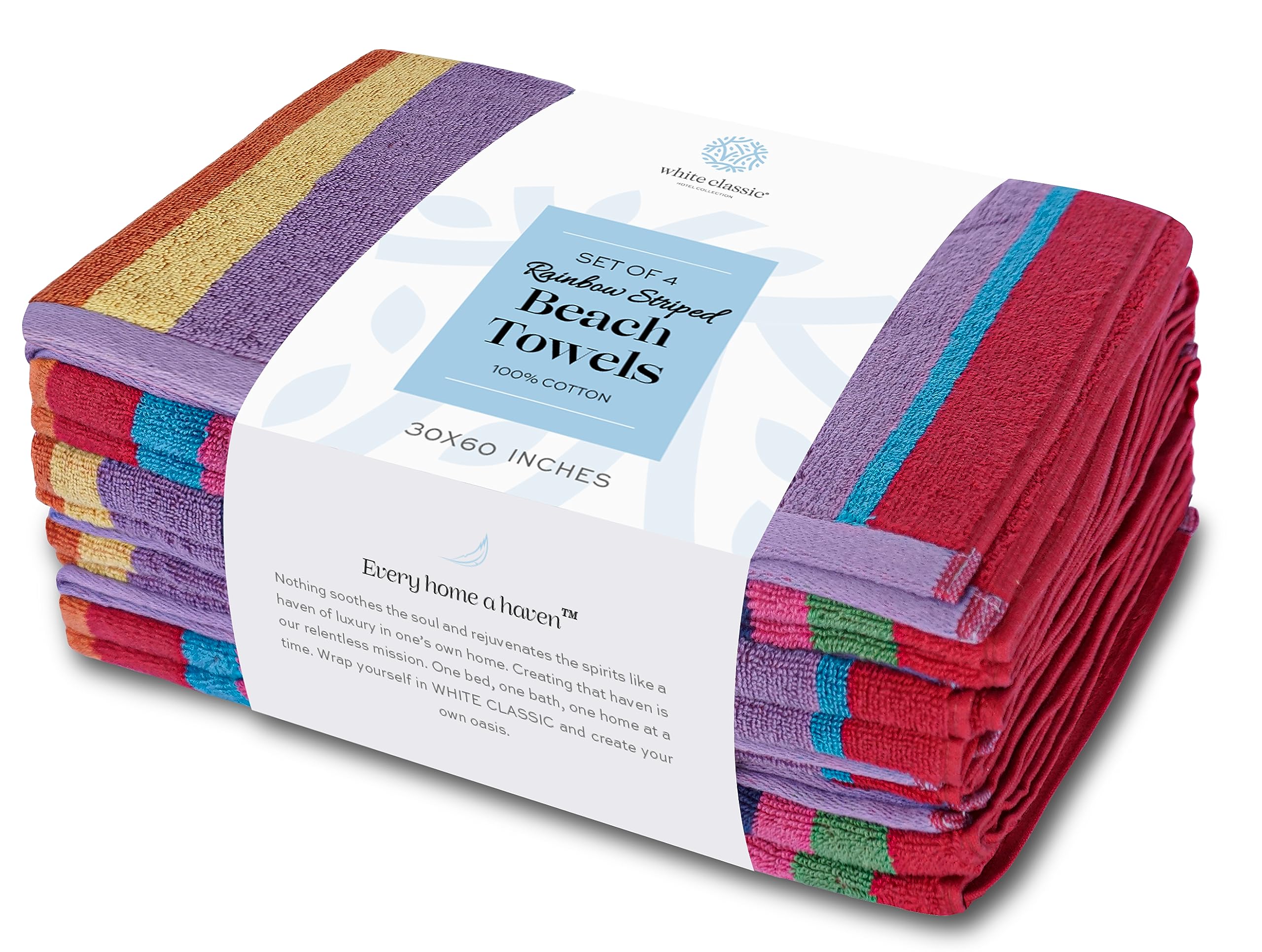 White Classic Cotton Beach Towels Oversized 30 x 60 Inches, Ultra Absorbent and Low Lint Striped Pool Towels for Adults, Unique Rainbow Design Luxury Extra Large Bath Towels, 4 Pack