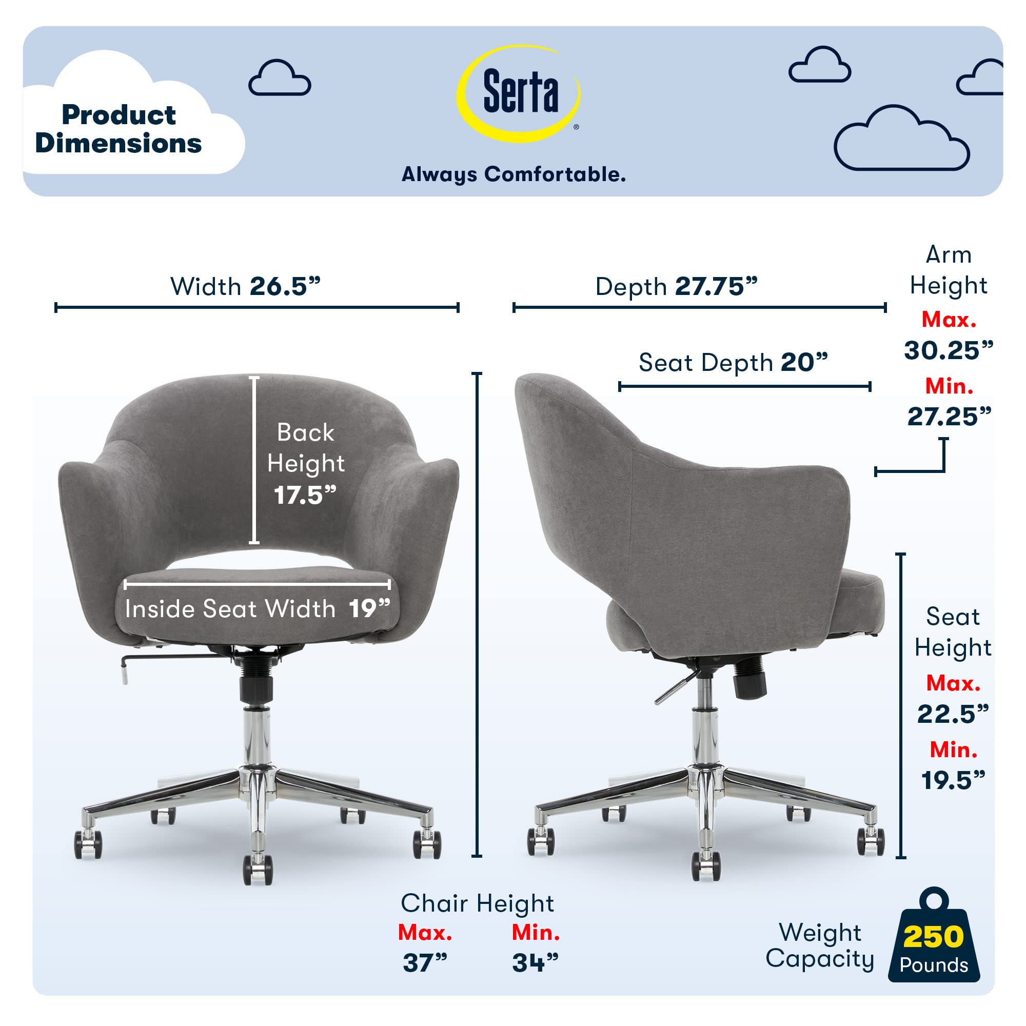 Serta Valetta Office Desk Memory Foam Padding, Midcentury Modern Style, Chrome-Finished Stainless-Steel Base, Home Chair, Gray