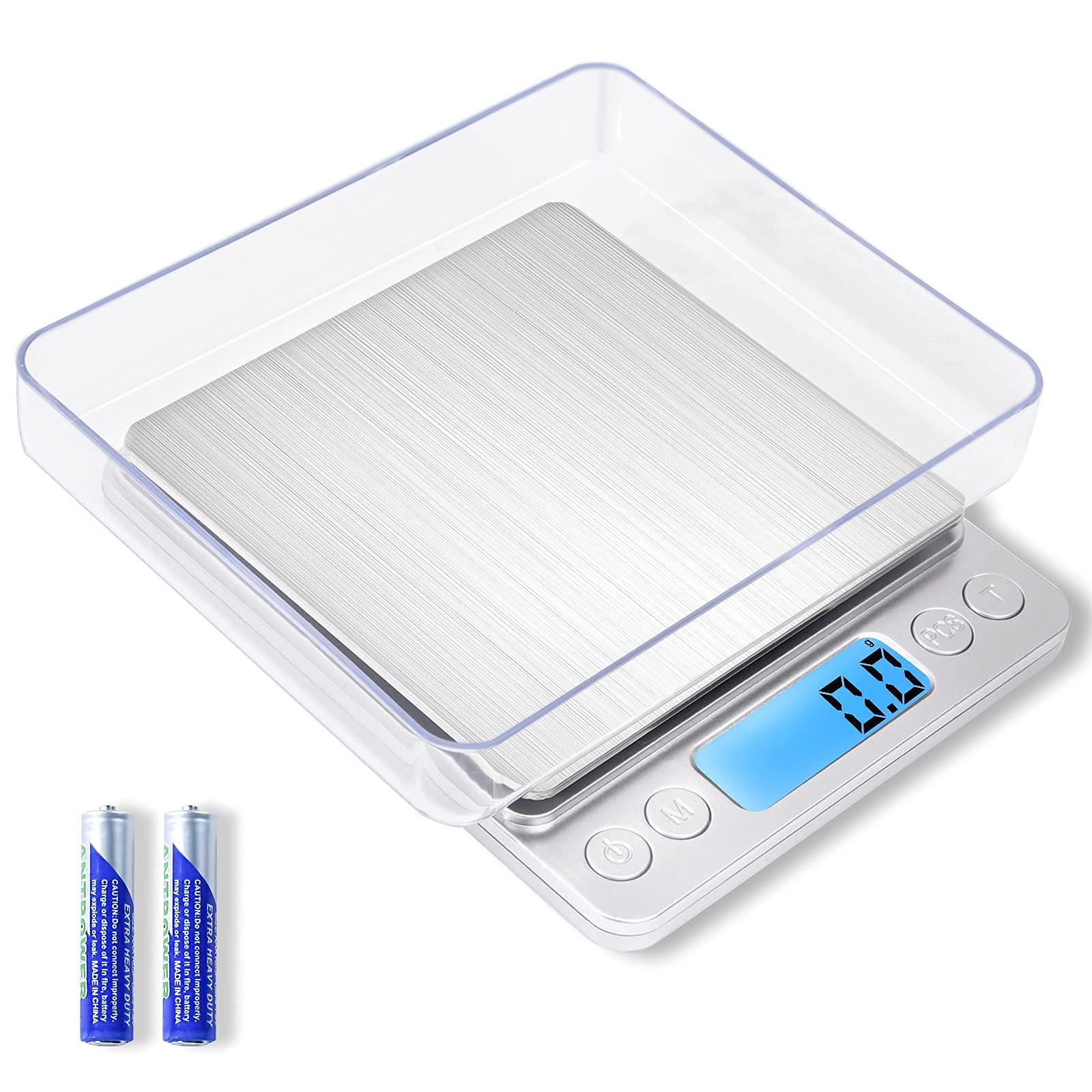 Yoncon Small Digital Food Scale Ounce/OZ and Gram Scale, Kitchen Scale 3000g/0.1g High Precision for Baking, Soap Making, Jewelry, Includes 2 Trays and Batteries, 9 Units, Tare Function, Easy to Store