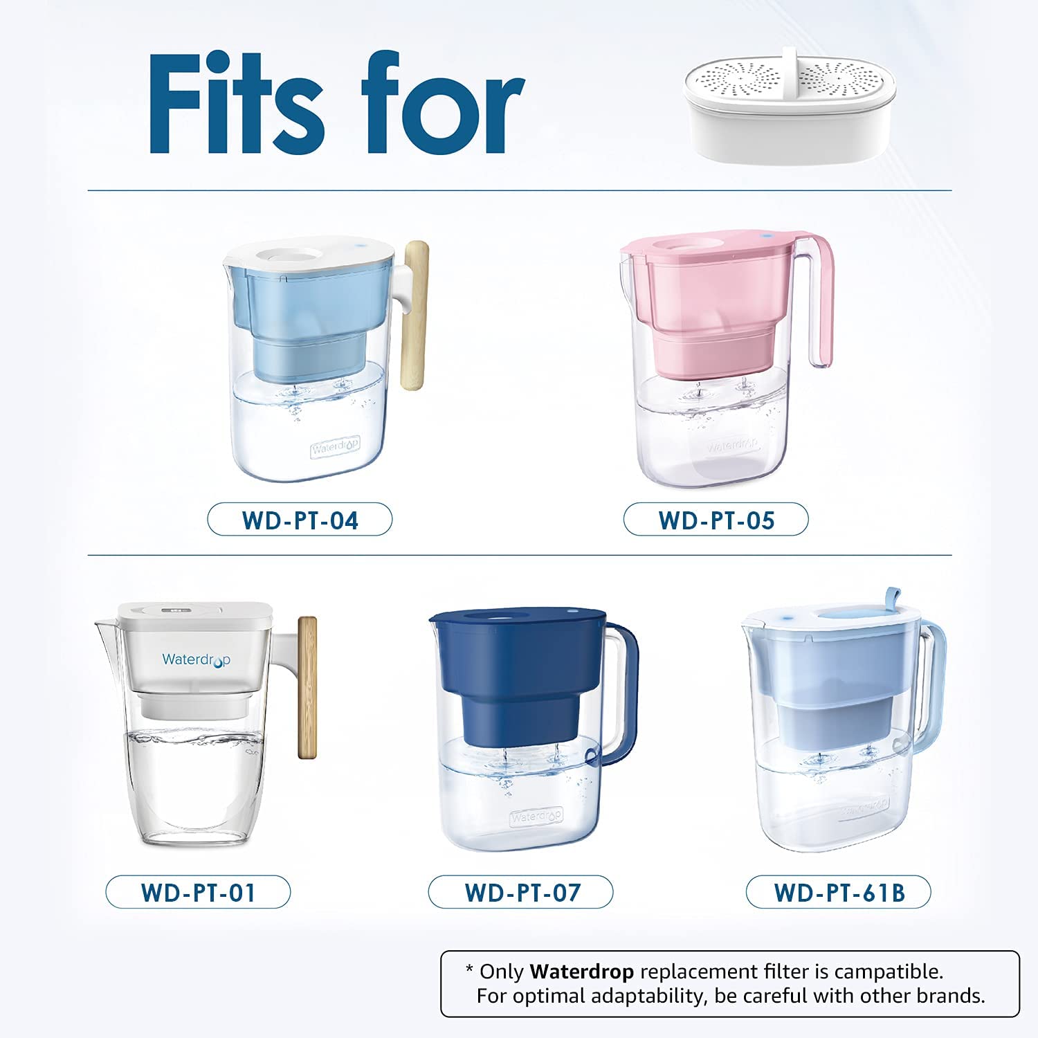Waterdrop 200-Gallon Long-Life Elfin 7-Cup Water Filter Pitcher with 3 Replacement Filter, NSF Certified, Reduces Chlorine, BPA Free, Blue, 3Pack