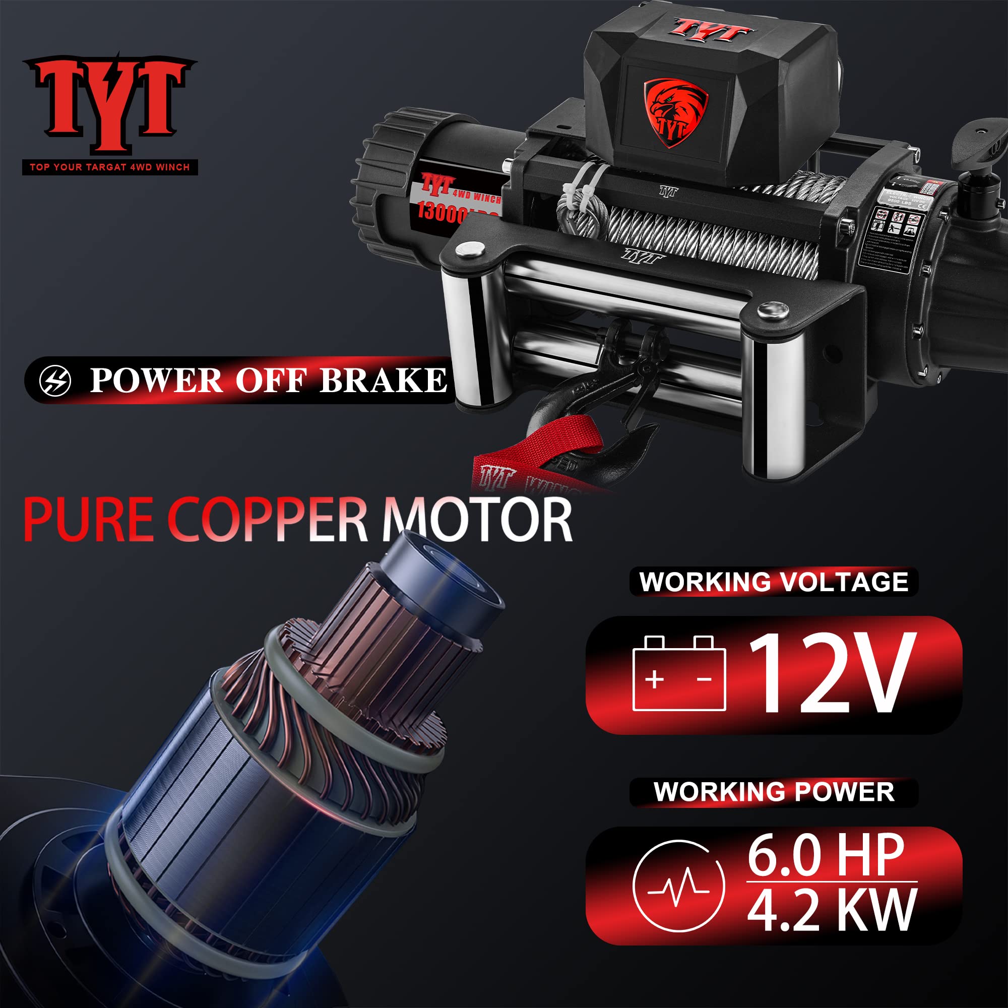 TYT T1 Series Winch 13000 lb. Advanced Load Capacity Electric Winch,12V Waterproof IP67 Electric Winch with Hawse Fairlead, Steel Cable Truck Winch with Wireless Handheld Remote and Wired Handle…