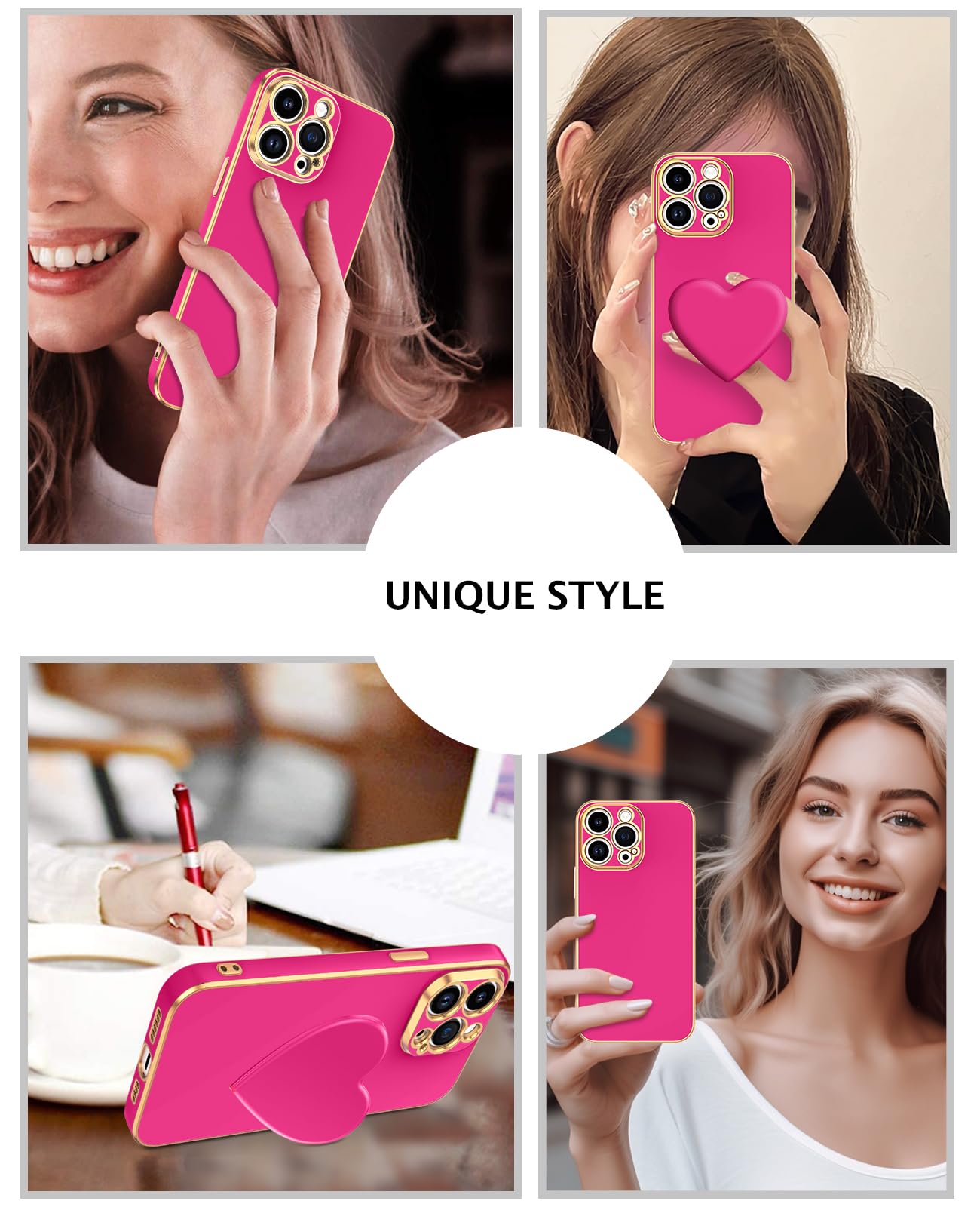 Telaso iPhone 13 Pro Max Case, iPhone 13 Pro Max Phone Case with Separate Love Heart Shape Kickstand Holder Soft TPU Plating Bumper Protective iPhone 13 Pro Max Phone Case for Girls Women, Hot Pink