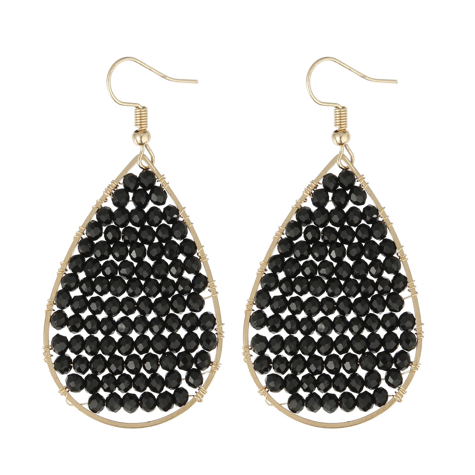 Winssigma Turquoise Teardrop Earrings, Boho Colorful Beads Gold Hoop Earrings for Women Bohemian Jewelry(Teardrop Black Crystal)