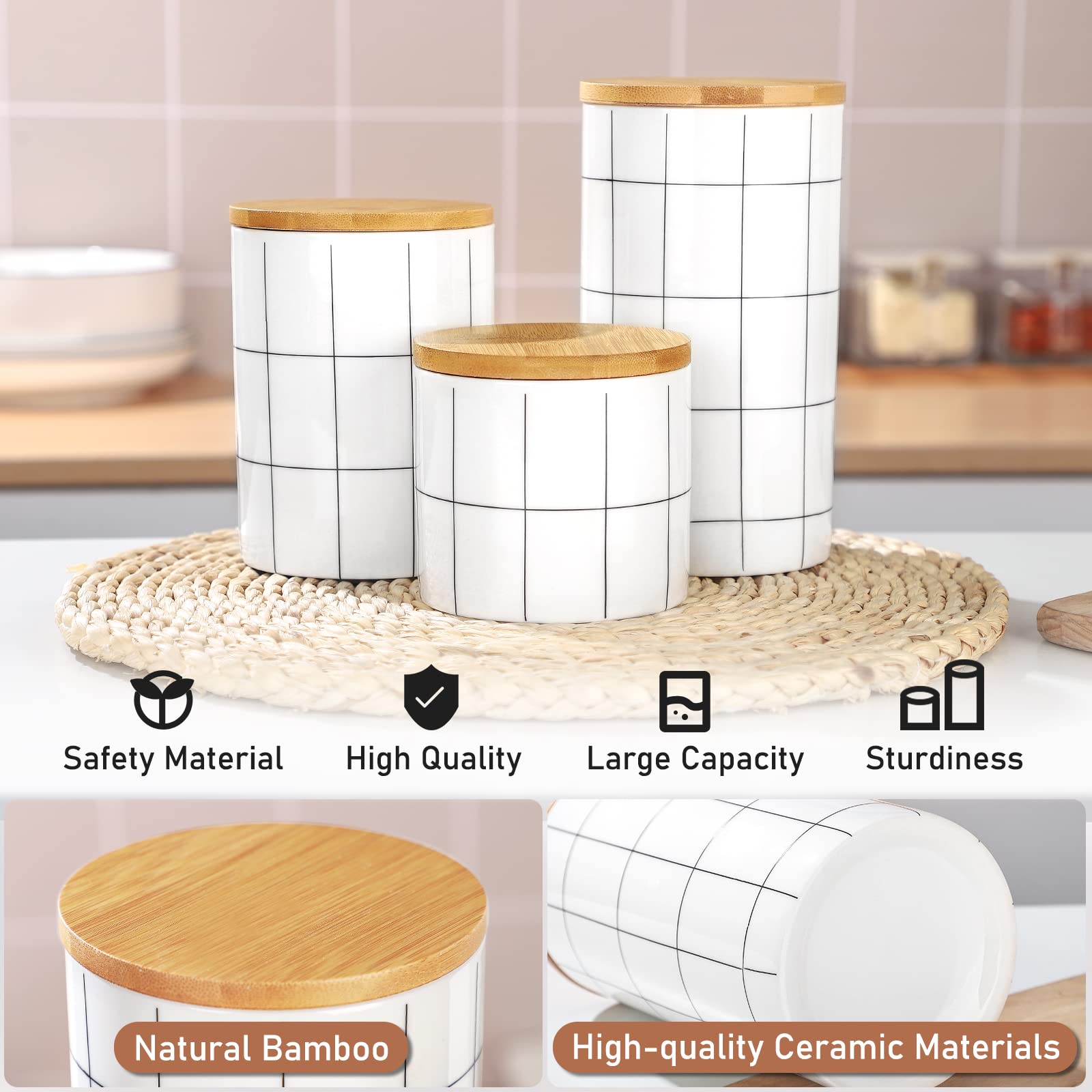 WELLCHE Kitchen Canisters Sets for Kitchen Counter Set of 6, Flour and Sugar Containers, Ceramic Canister Set Food Storage Jars with Airtight Bamboo Lid for Serving Ground Coffee, Tea, Sugar, Grain