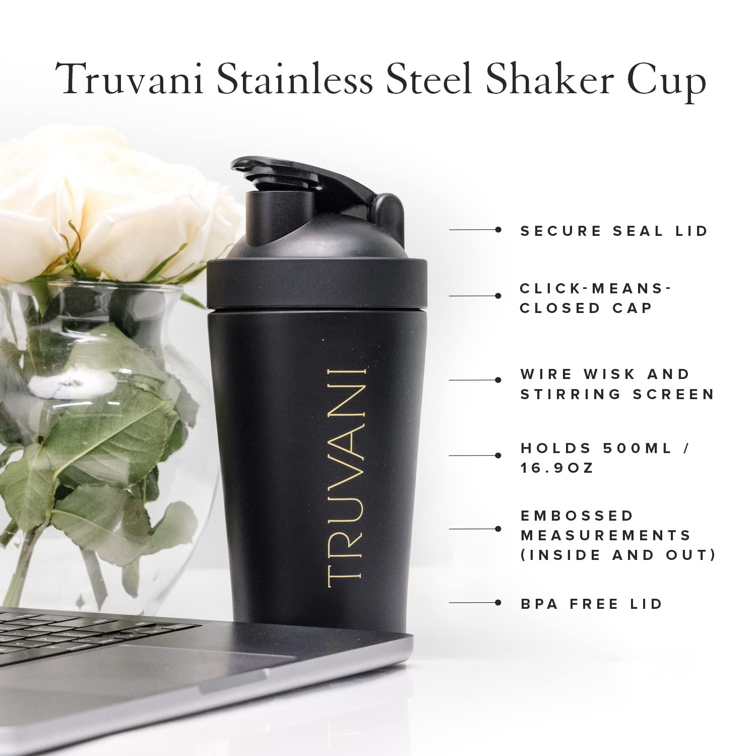 Truvani Vegan Chocolate Protein Powder with Shaker Cup & Scoop Bundle - 20g of Organic Plant Based Protein Powder - Includes Stainless Steel Shaker Cup & Durable Protein Metal Scoop