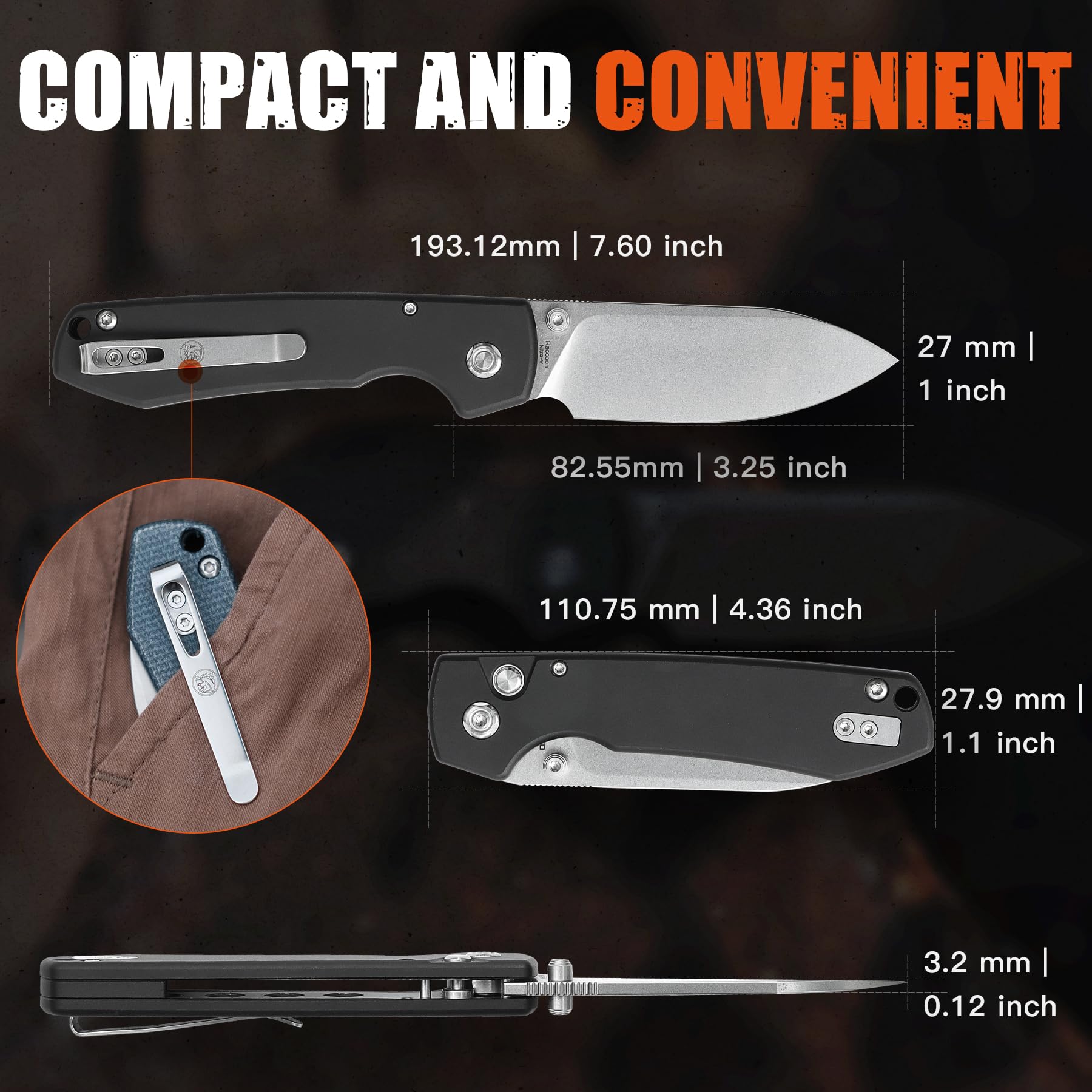 Vosteed EDC Knife, Lightweight Folding Pocket knife with Clip for Men and Women, Sharp Button Lock Knife with 3.25" Nitro-V Steel Blade, Aluminum Black Handle for Camping - Raccoon