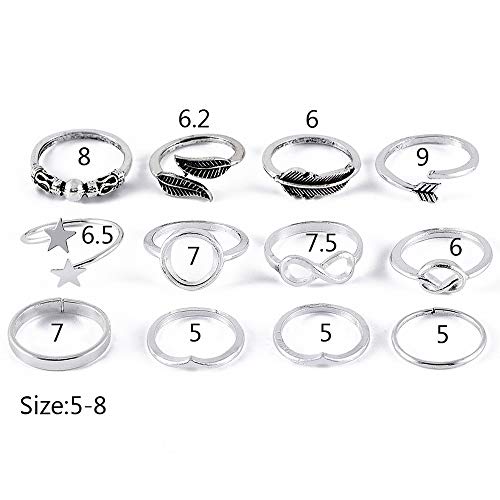 Xerling 12Pcs Women Vintage Silver Ring Set Wave Star Feather Bowknot Knuckle Ring Set Aesthetic Stacking Rings for Women and Girls Teens