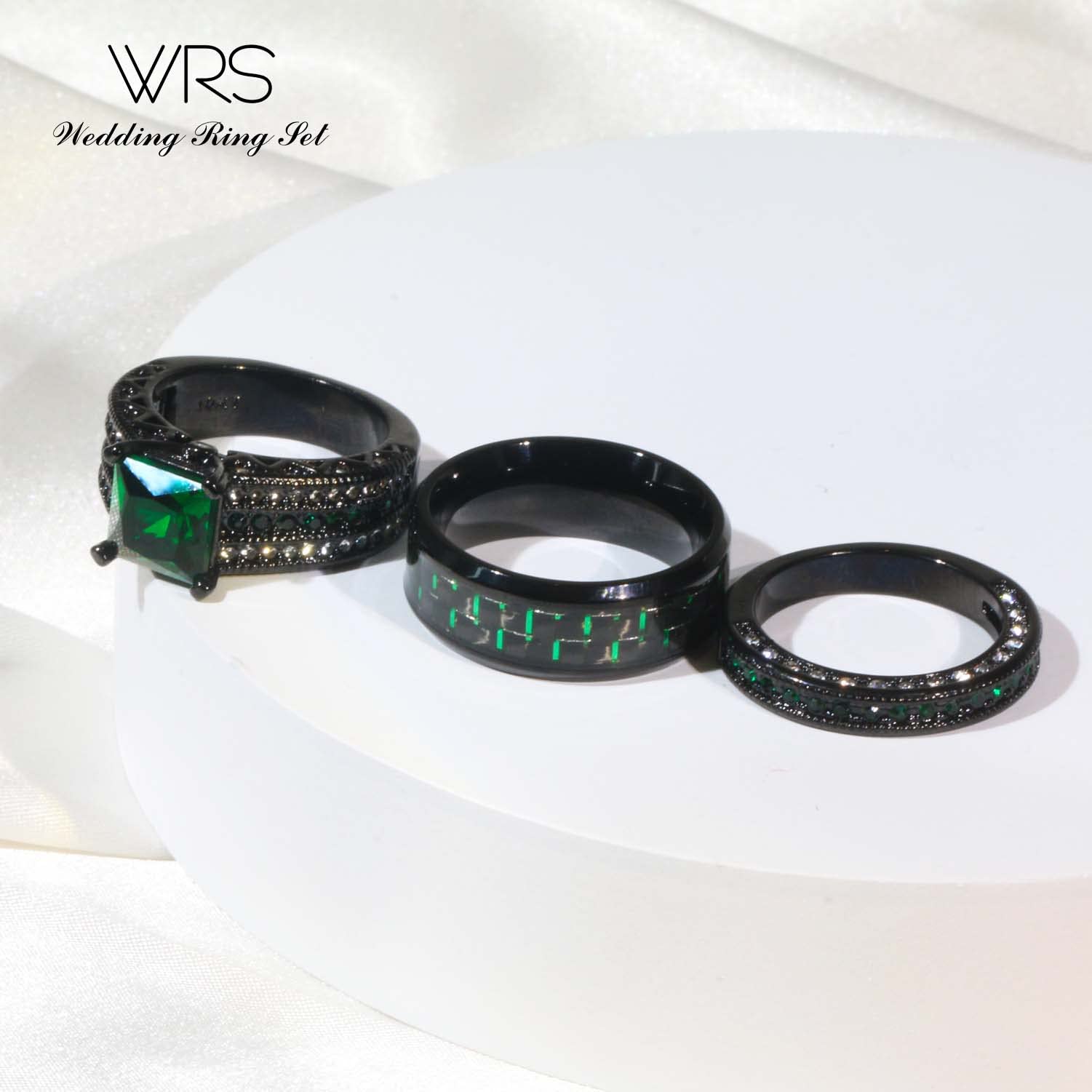 Two Rings His Hers Wedding Ring Sets Couples Matching Rings Women's Black Gold Filled Green CZ Wedding Engagement Ring Bridal Sets Men's Stainless Steel Wedding Band