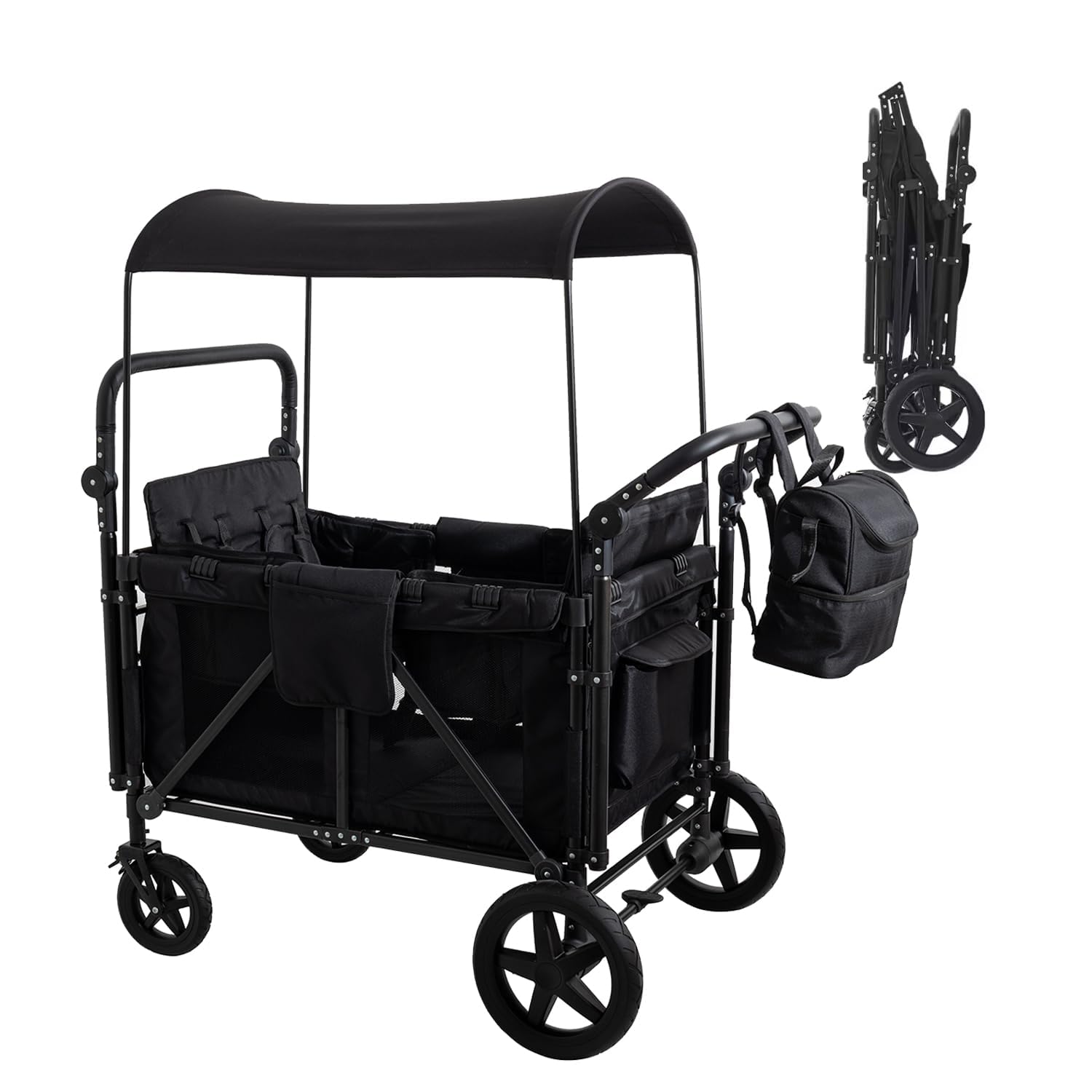 Voupou Wagon Stroller Folding Wagon Push-Pull Stroller Four-Wheel Trolley for 4 Kids with 5-Point Harnesses Safety Belt,Detachable Seats,Removable Canopy,Double Push bar for 1-5y+ Kids