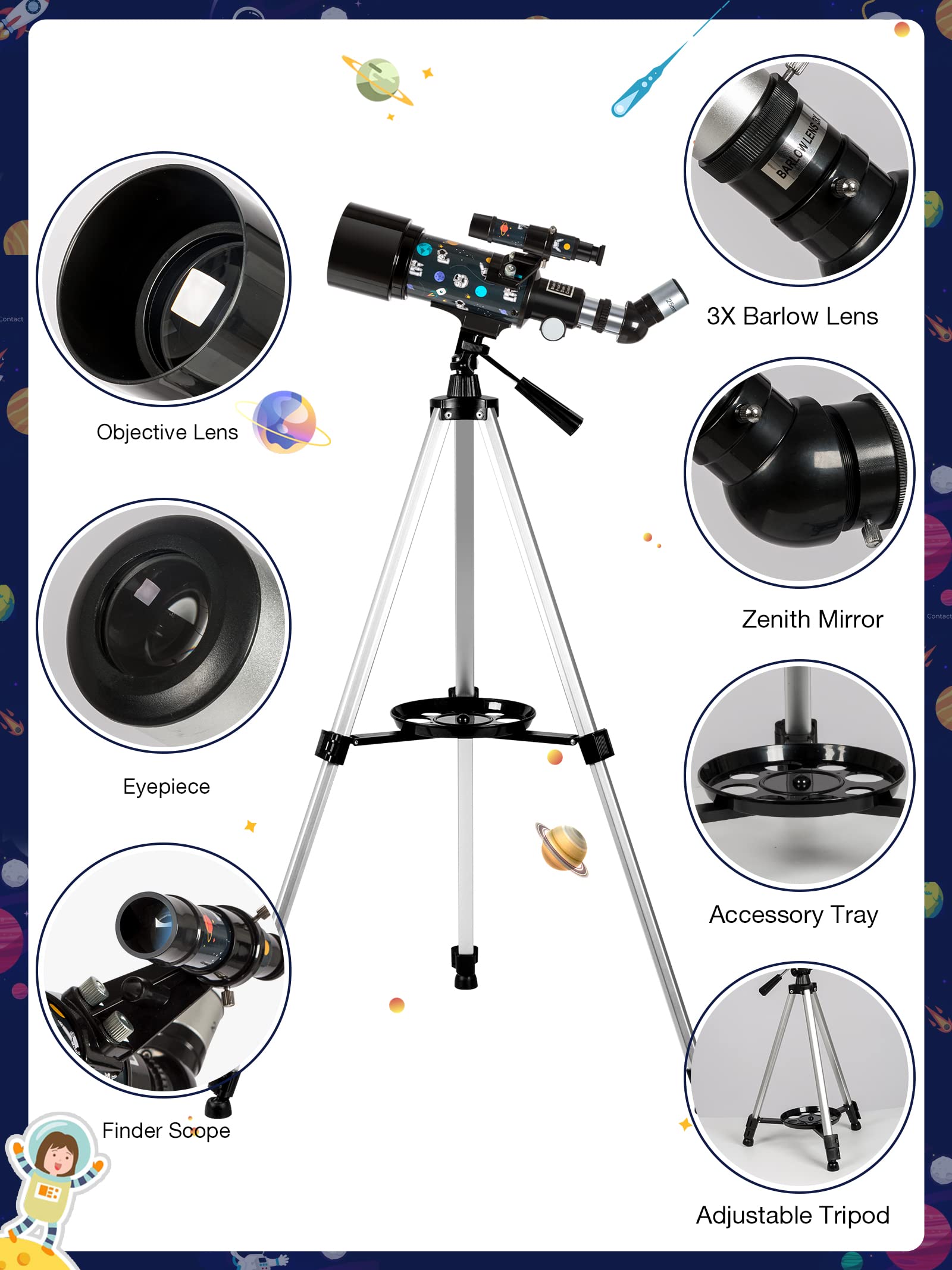 Telescope for Kids Adults Astronomy Beginners over 8 Years Old, 70mm Aperture Astronomical Refractor Telescopes with Phone Adapter & Wireless Remote, Astronomy Space for Christmas Birthday
