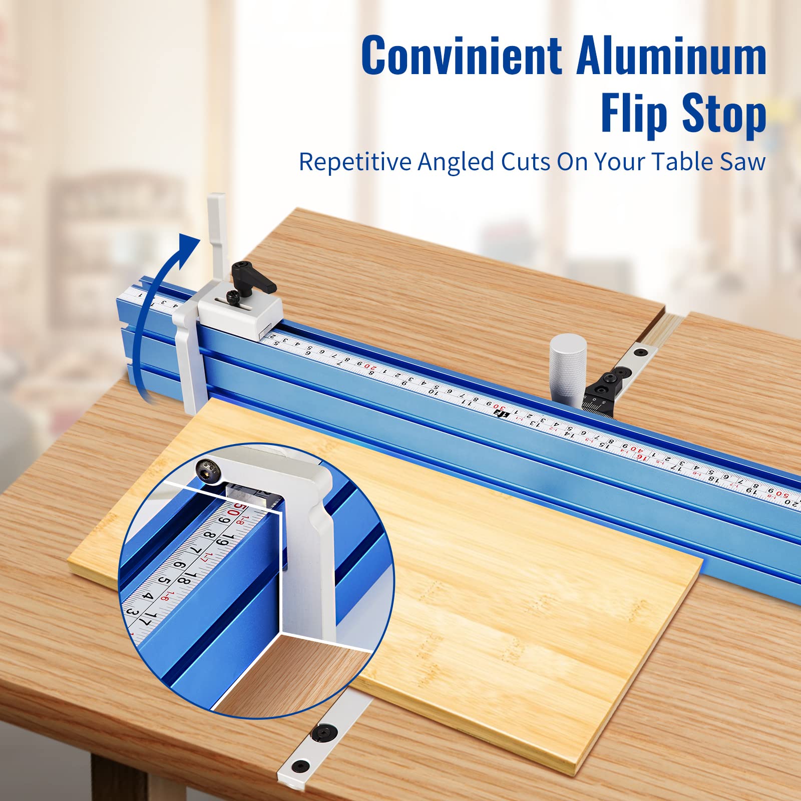 UOKRR Precision Miter Gauge for Table Saw 24" Aluminum Miter Fence Repetitive Cut Flip Stop 60° Angled Ends for Maximum Stock Support