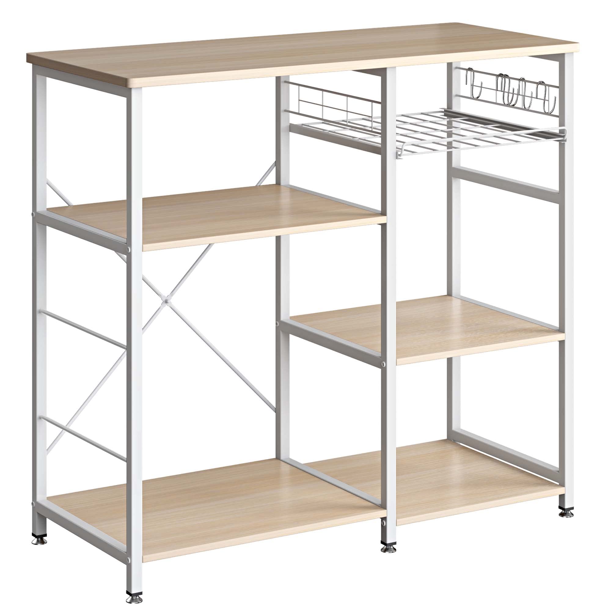 Wellynap Bakers Rack, 3-Tier Microwave Stand for Kitchens with Storage, Utility Storage Shelf with 5 Hooks and Basket for Spice Rack, White Oak