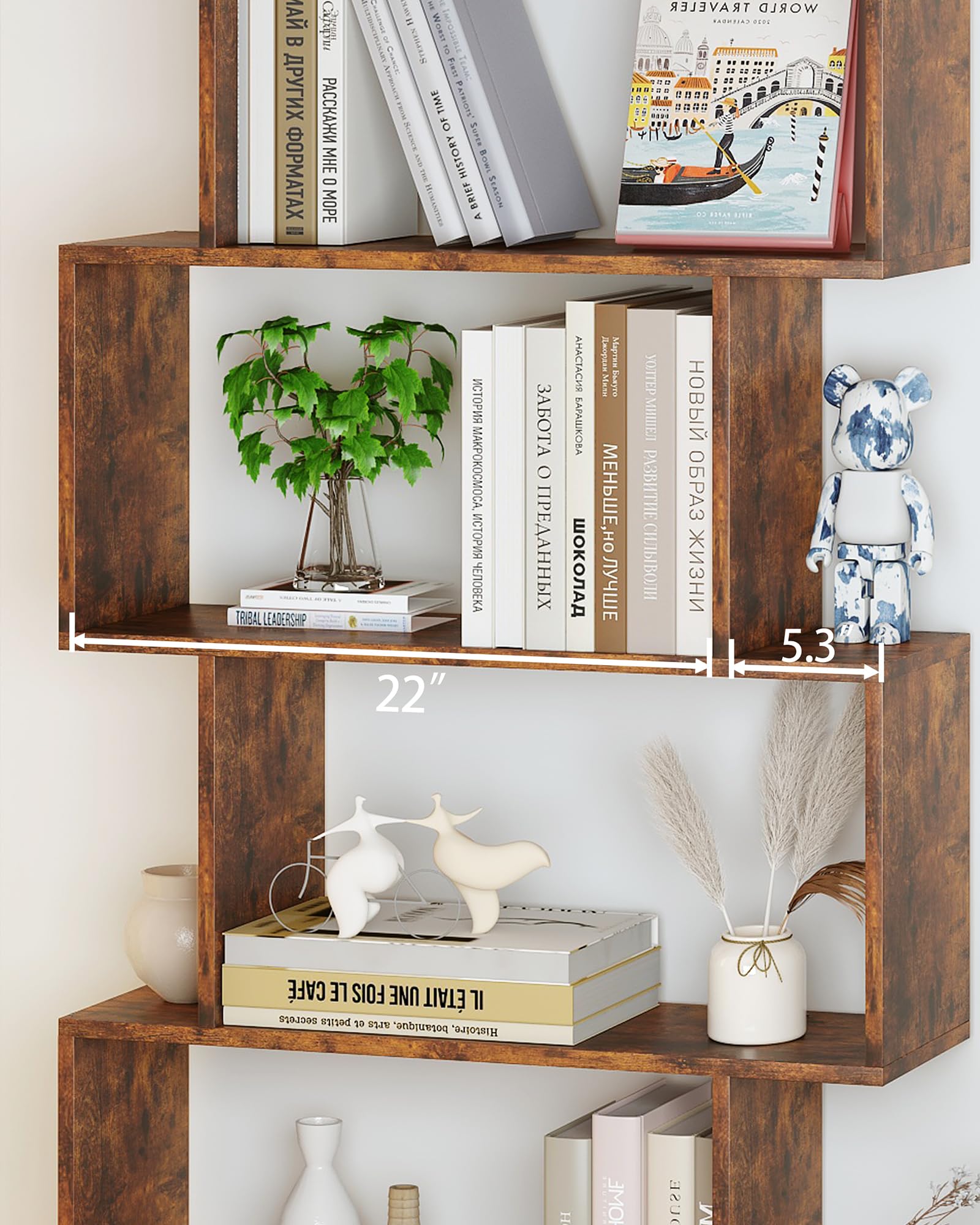 Yusong Geometric Bookcase, Bookshelf 6-Tier S Shaped Book Shelves for Bedroom, Modern Wood Decorative Display Shelf Tall Book Case for Home Office, Rustic Brown