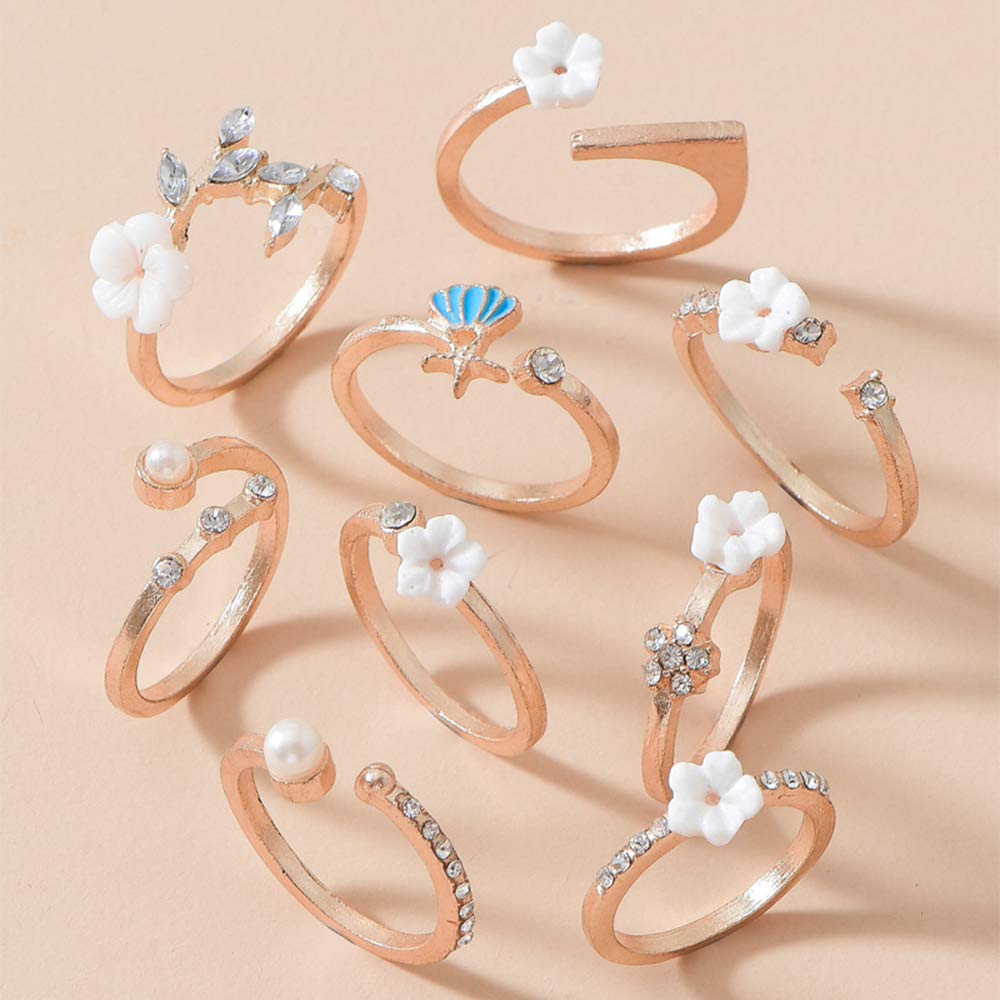 Xerling 9 Pcs Women Trendy Rhinestones Flower Knuckle Ring Set Stackable Pearl Open Ring Set Finger Ring Set for Girls