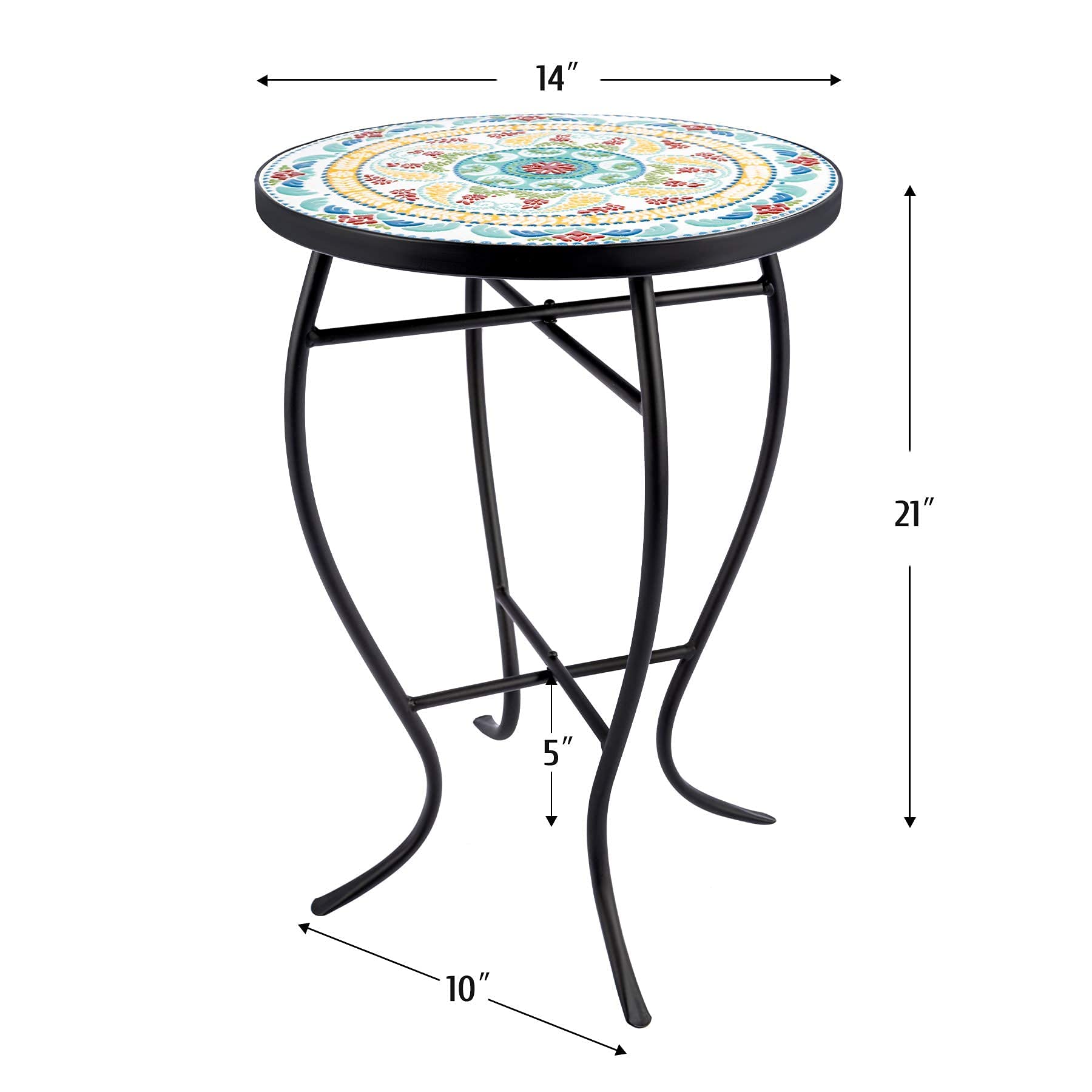 VONLUCE 21" Mosaic Plant Stand, 14 Inch Round Side Table with Ceramic Tile Top + French Vintage Foot Stool with Rustic Wood Legs and Padded Seat