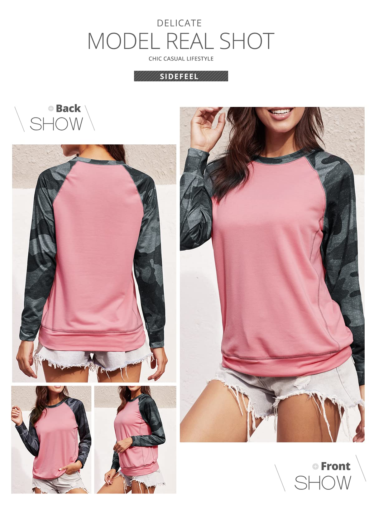 Sidefeel Women Crewneck Pullover Camo Print Sleeve Sweatshirt Jumper Top Small Pink
