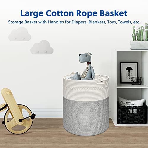 Vamcheer Cotton Rope Laundry Basket -18'' x 18'' x 20'' Blanket Basket, 80L Woven Toys Storage Basket Baby Nursery Basket Laundry Hamper - Grey