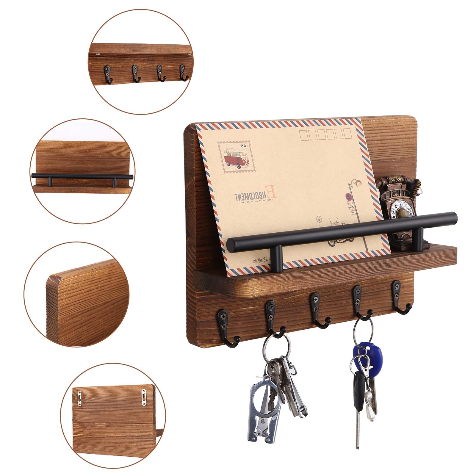 WuliYobo Key Holder for Wall, Key and Mail Holder for Wall, Key Hanger for Wall with Shelf, Wood Wall Shelf with Hooks, Mail Organizer for Wall Mount with Mounting Hardware (9.8”W x 7.2”H x 2.9”D)