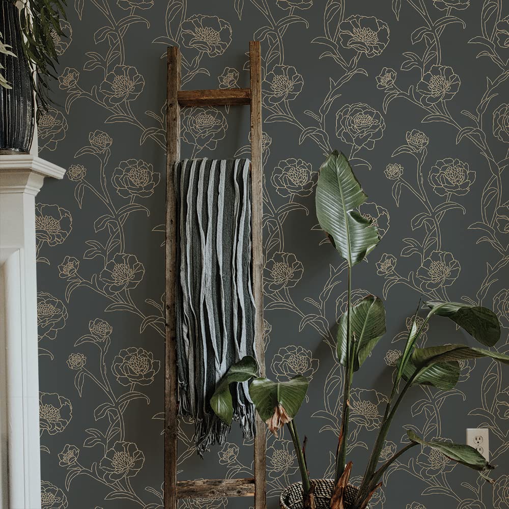 Tempaper Noir Peonies Removable Peel and Stick Floral Wallpaper, 20.5 in X 16.5 ft, Made in The USA
