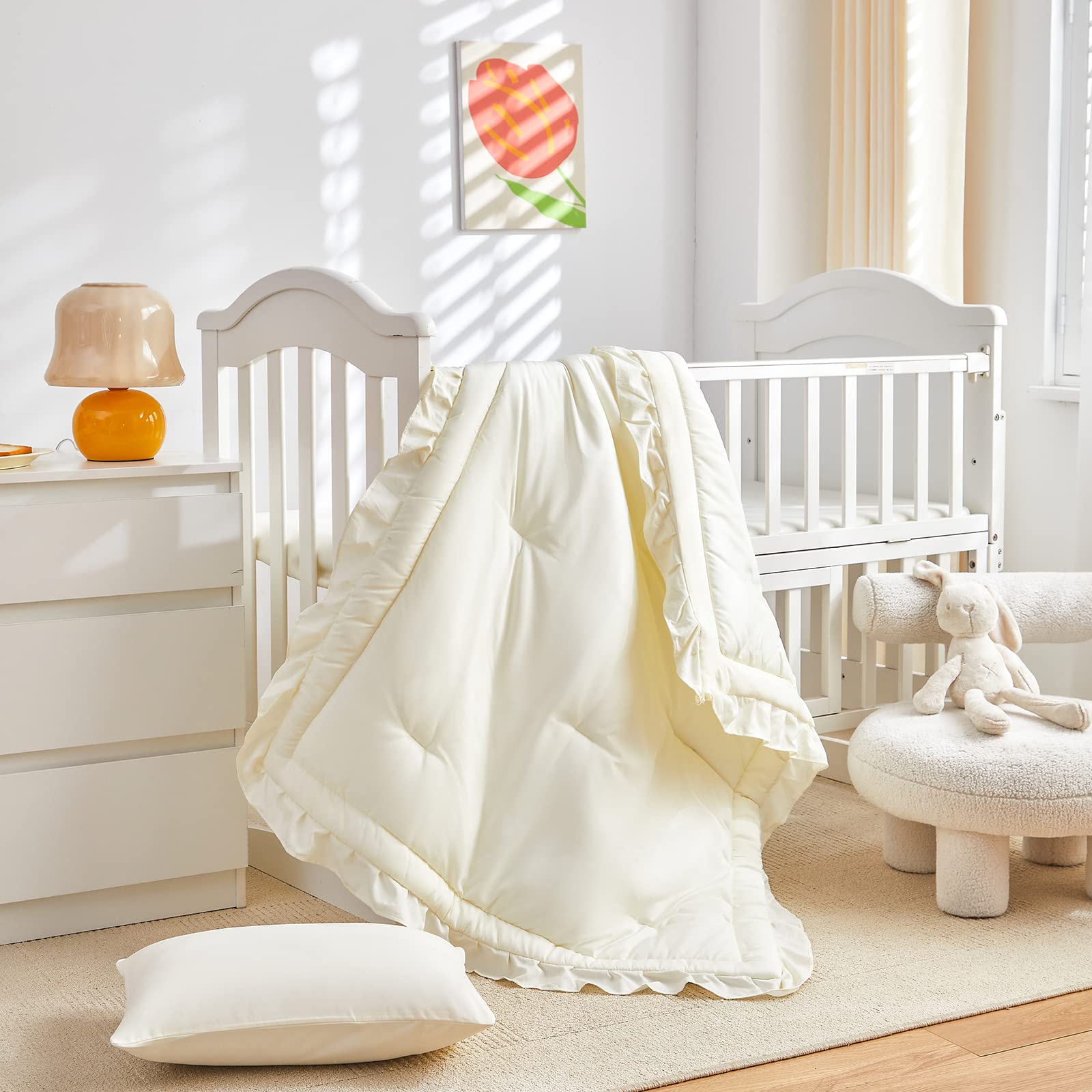 UOZZI BEDDING 3 Pieces Crib Bedding Set Baby Ruffle Quilted Comforter with Fitted Sheet and Pillow - Cute Ruffled Shabby Chic Bedding Soft Blanket Design Purple