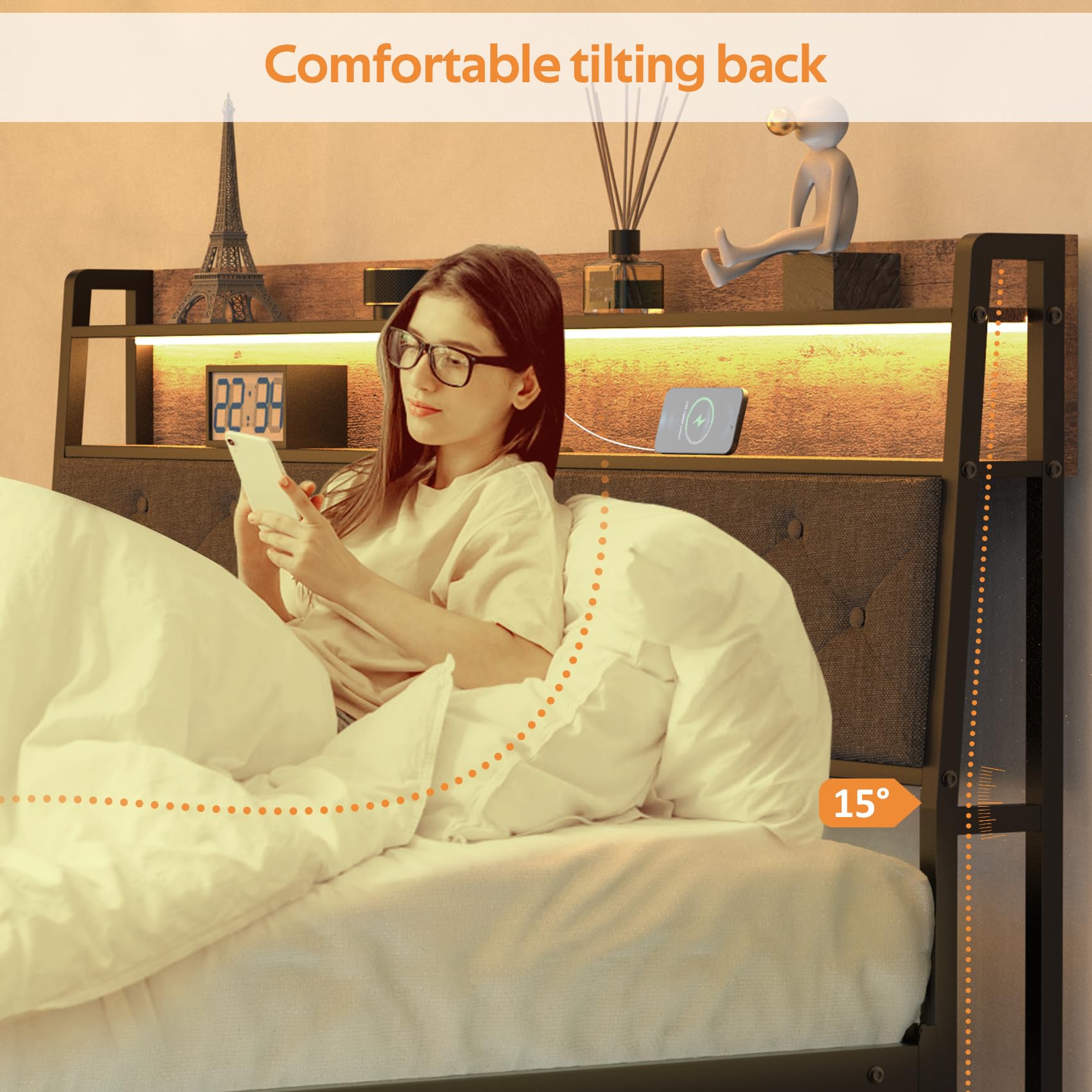 Winkalon Queen Bed Frame with Headboard, Bed Frame with Charging Station, Metal Platform Bed Frame No Box Spring Needed, Modern Wood Upholstered Headboard and Under Bed Storage.