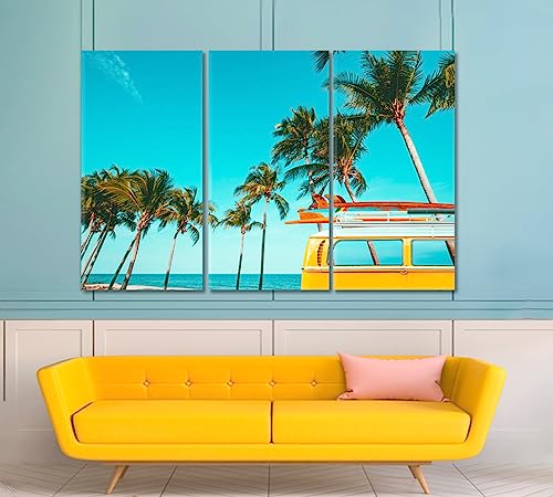 Vintage Car With Surfboard on the Roof Canvas Print 3 Panels / 36x24 inches