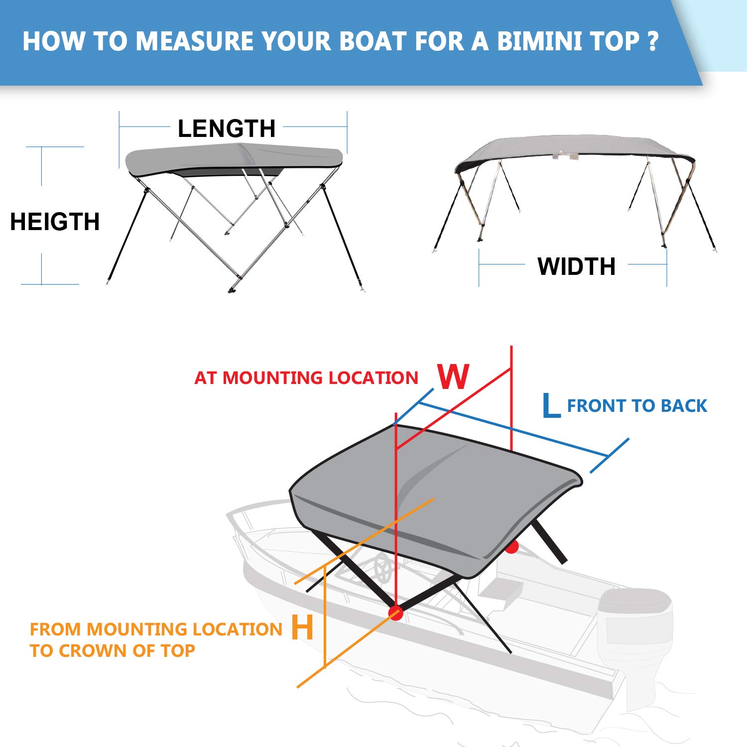 XGEAR 3-4 Bow Bimini Top Boat Cover with 4 Straps, Mounting Hardwares and Storage Boot, Full Size (Pacific Blue, 3 Bow: 6'L x 46" H x 61"-66" W)