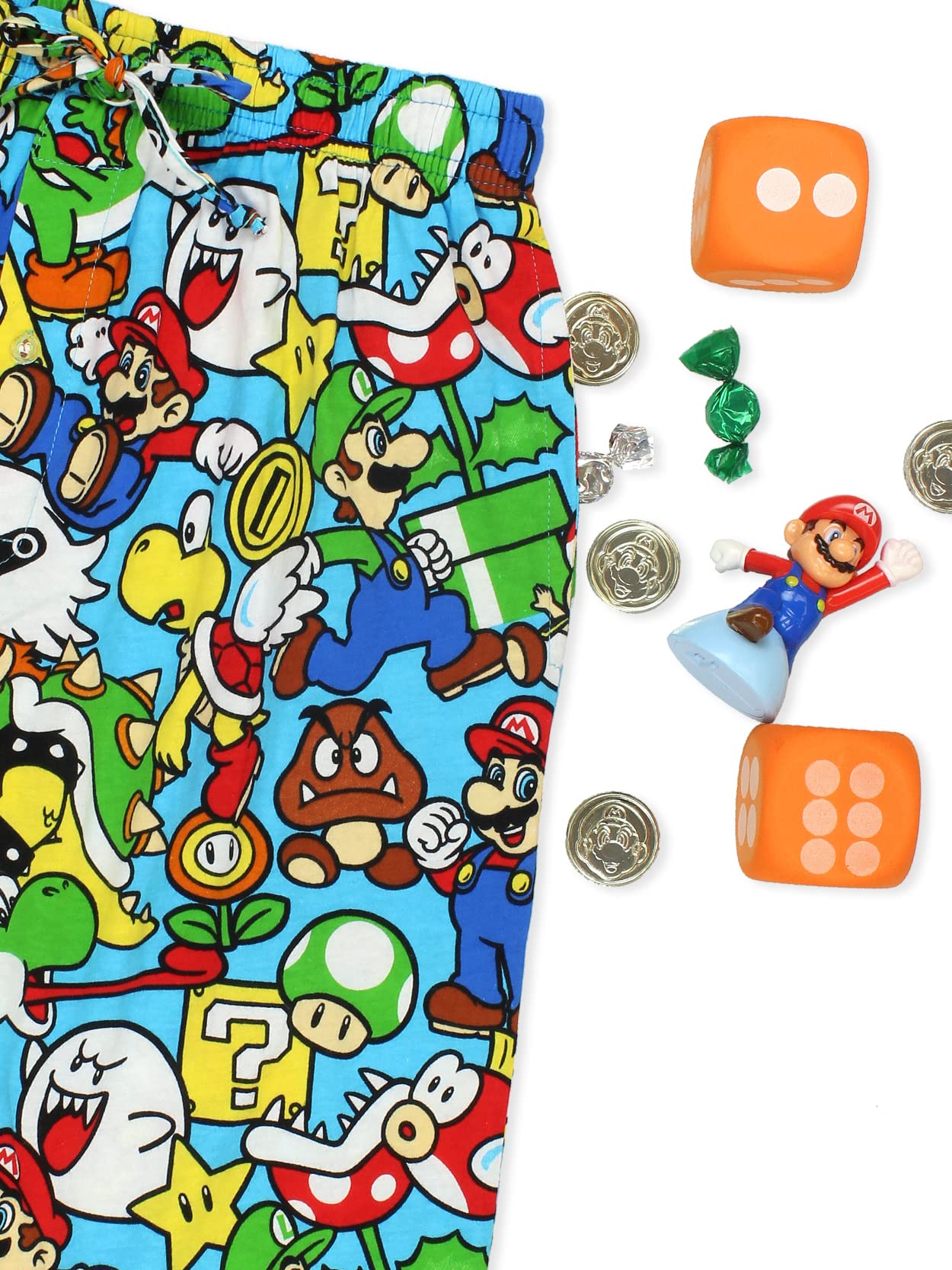 Super Mario Brothers Luigi Bowser Mens Button Fly Cotton Pajama Sleep Pants (Medium, Blue/Multi)
