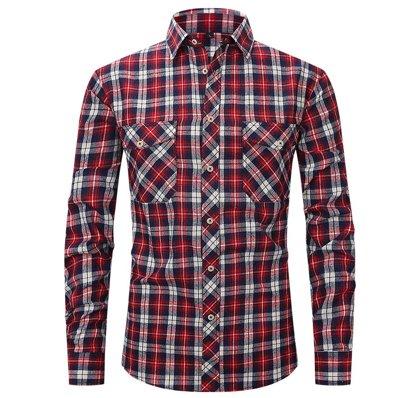Shirts for Men Causal Plaid Double Pocket Shirts Long Sleeve Spring Autumn Flannel Social Dress Shirt M512 K S