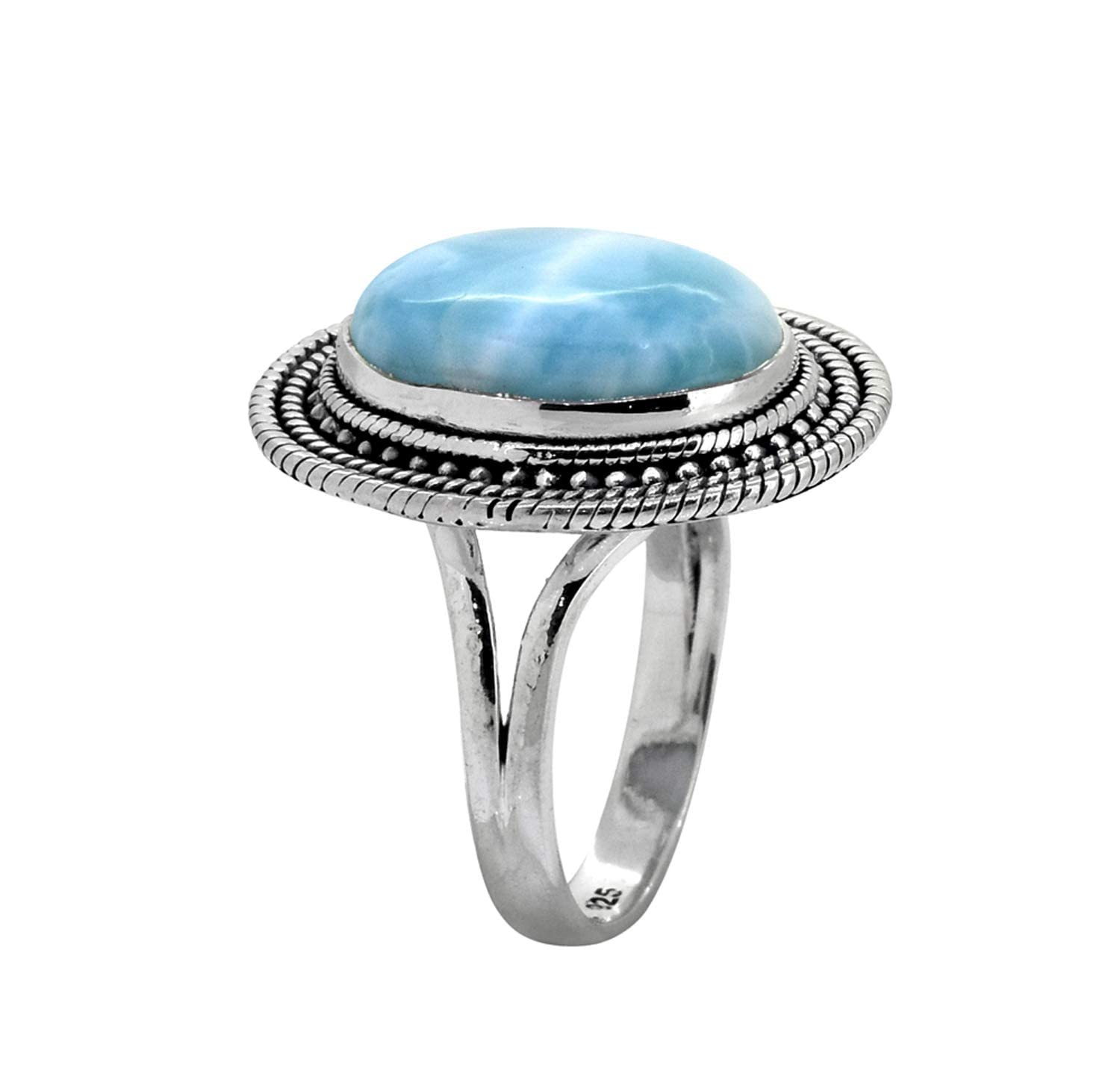YoTreasure Natural Larimar Oval Shape Ring Solid 925 Sterling Silver Gemstone Jewelry
