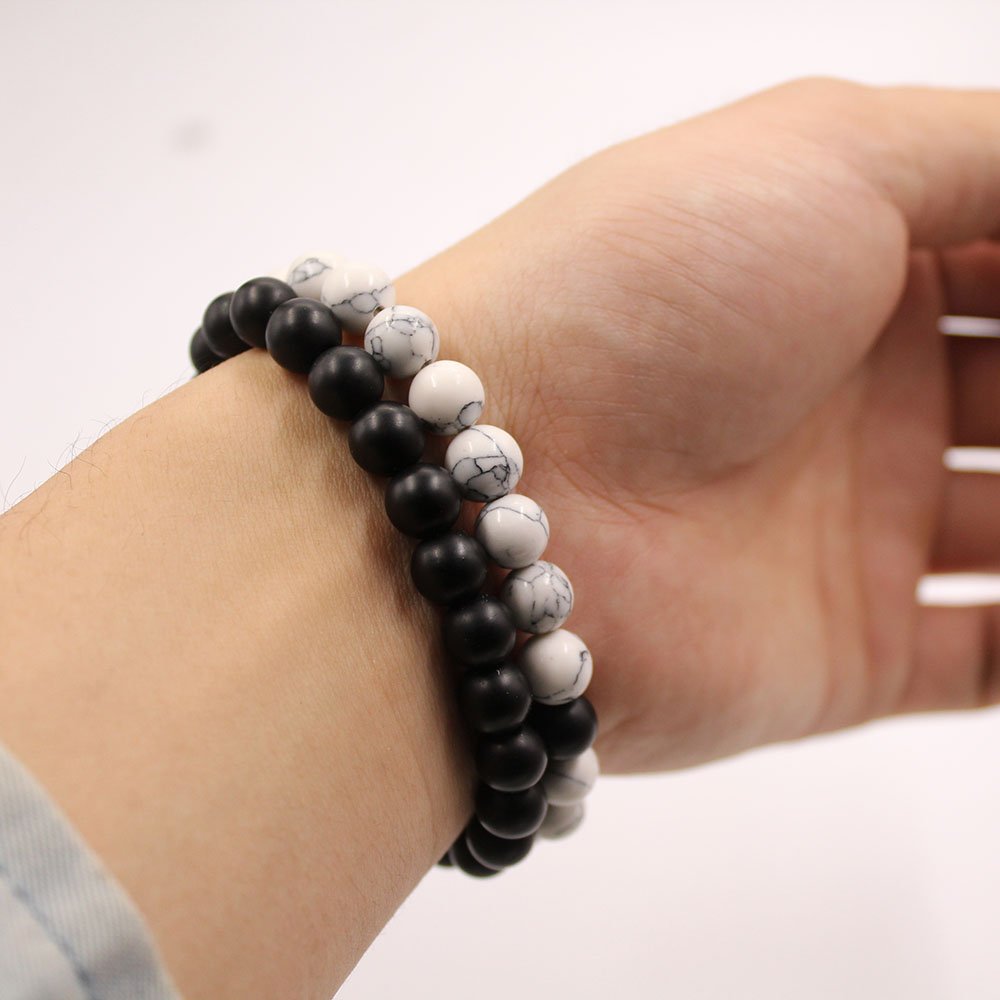 UEUC Distance Couple Bracelet His and Hers Black Matte Agate & White Stone 8mm Beads Bracelet