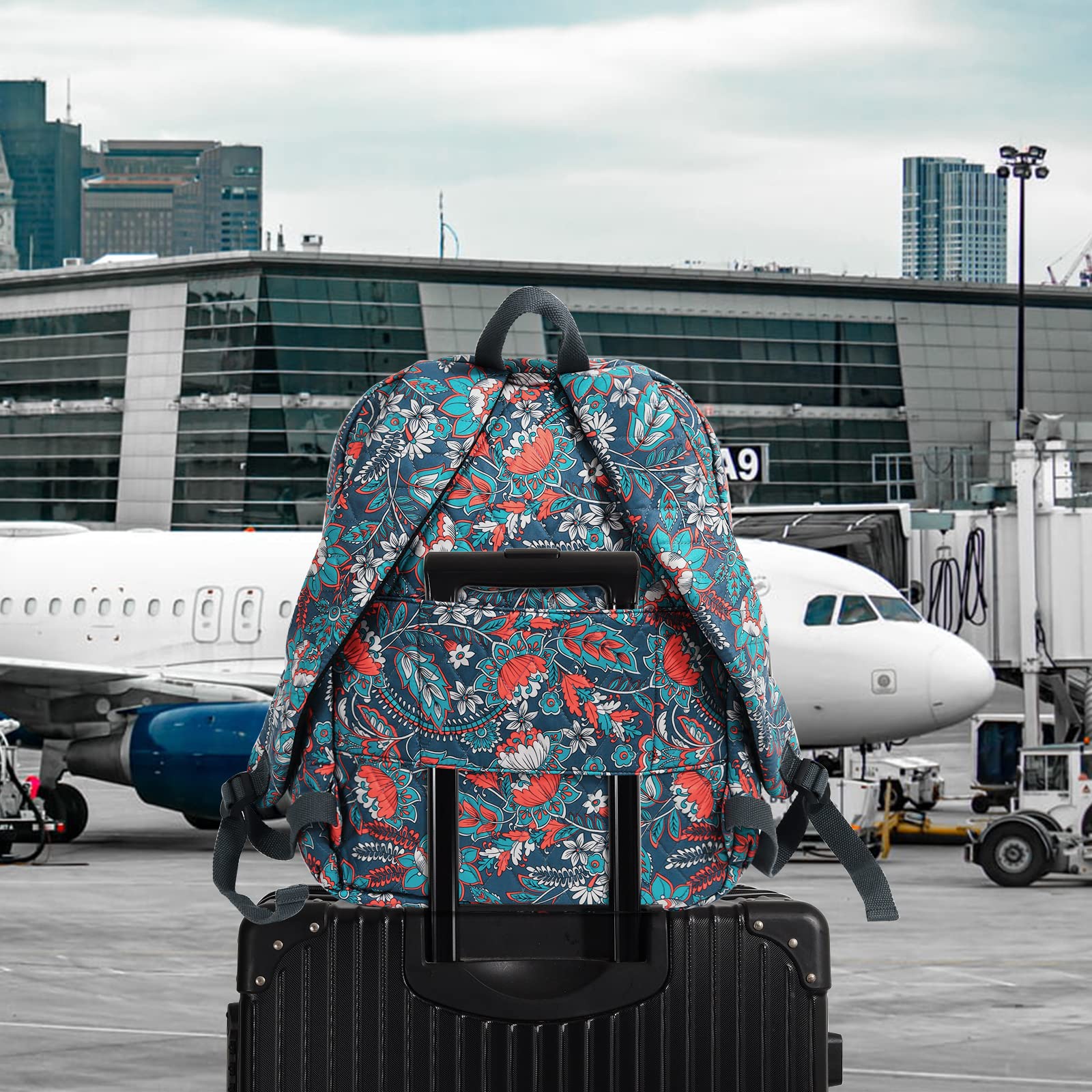 Searock Womens Quilted Backpack Large Cotton Traveling Dackpack Lightweight College Bookbag with Trolley Sleeve Black White
