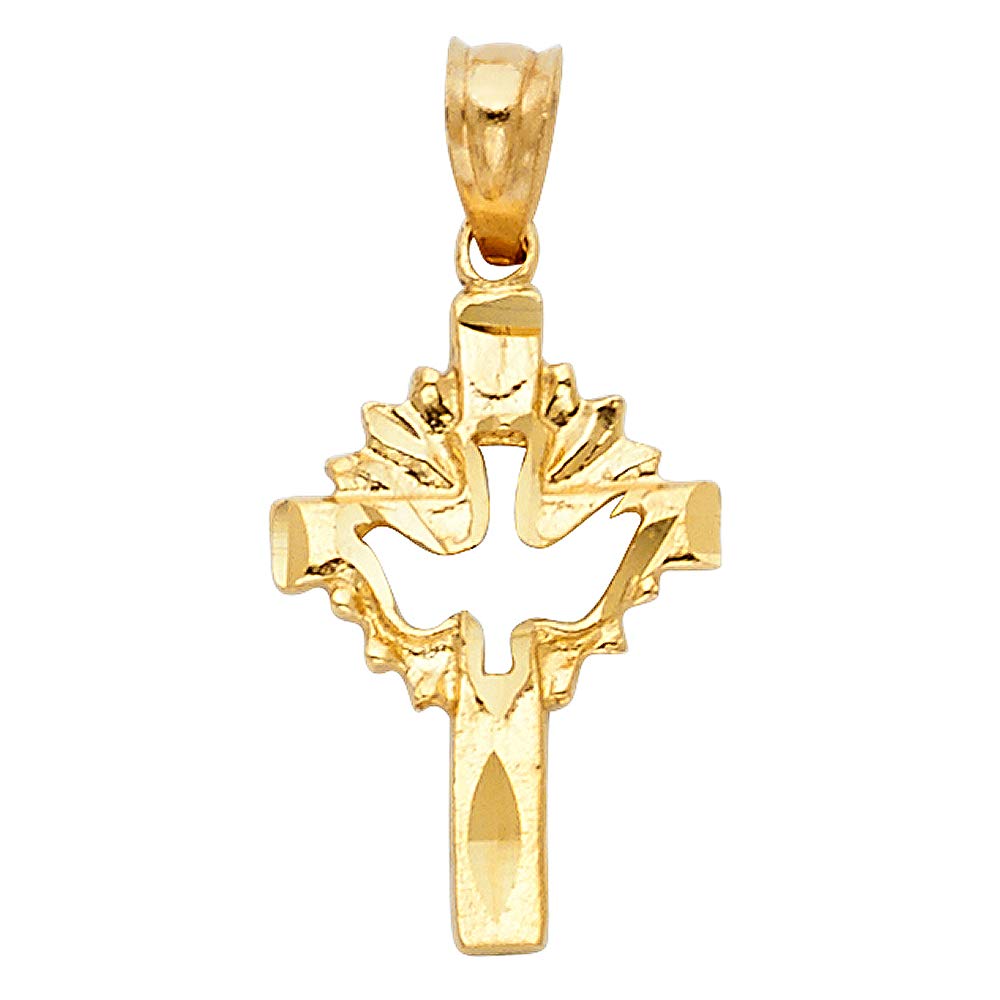 Wellingsale 14K Yellow Gold Polished Diamond Cut Ornate Religious Christian Cross with Holy Spirit Dove Pendant