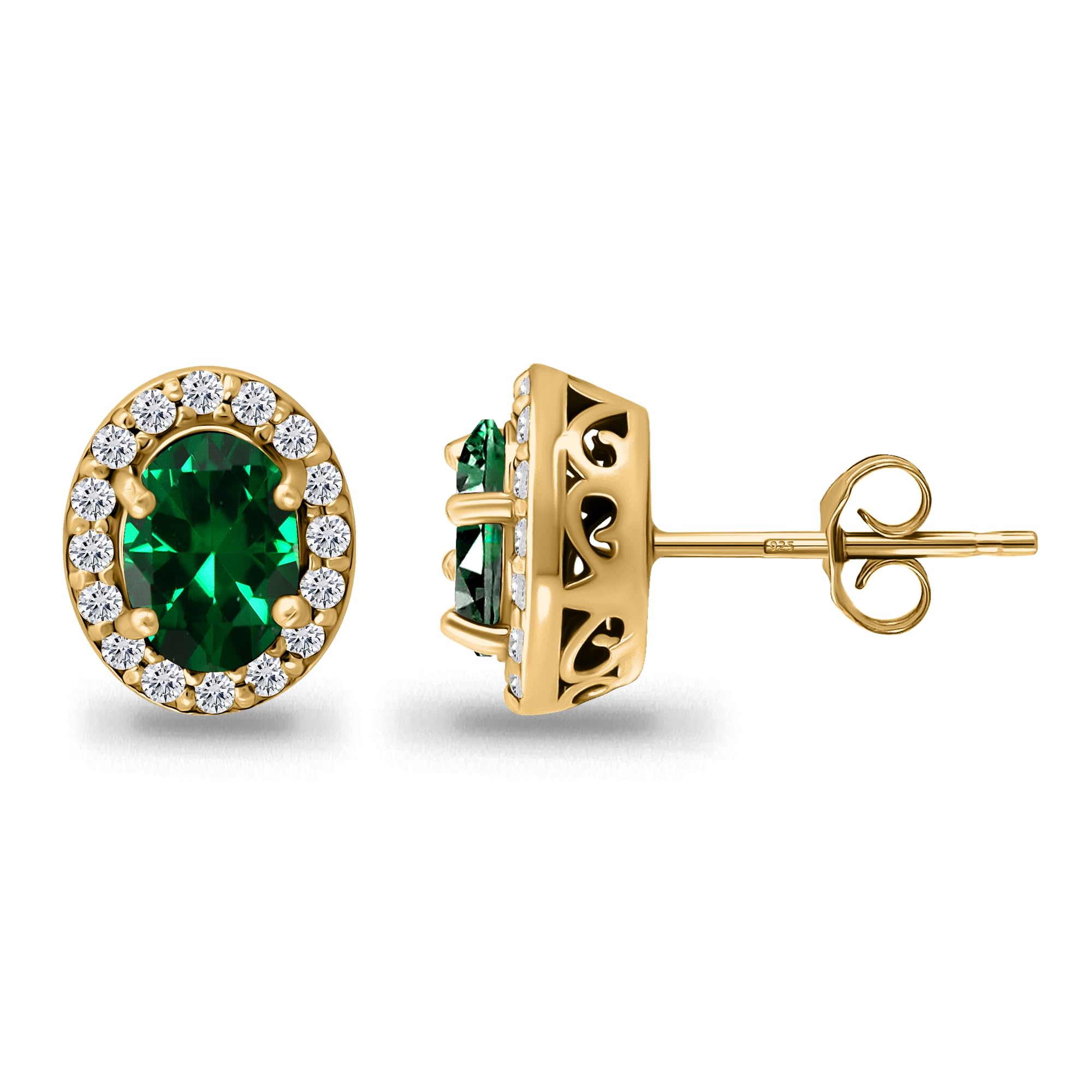 Yellow Gold Flashed Sterling Silver Simulated Emerald and Cubic Zirconia Accents Oval Halo Stud Earrings