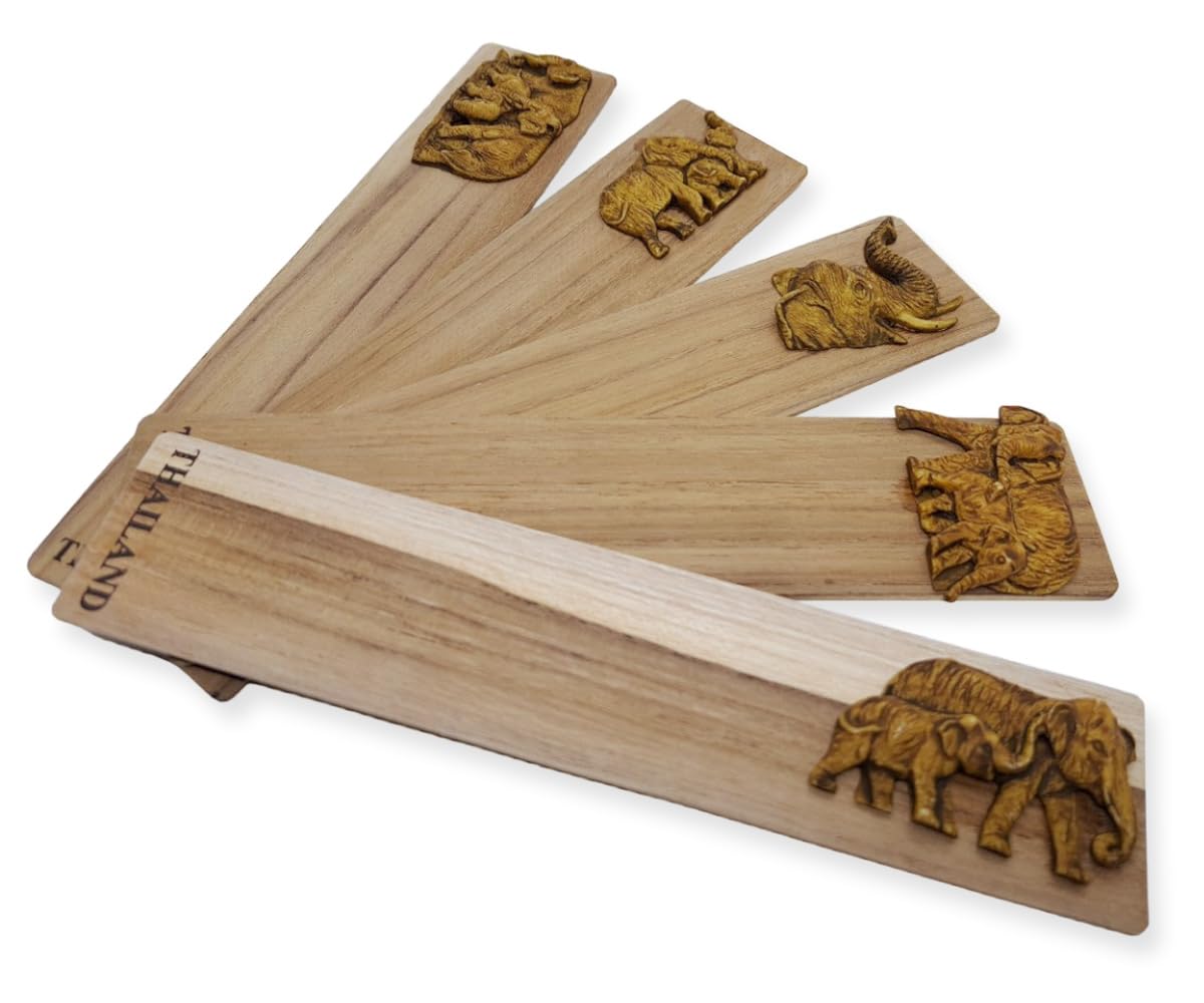 WitnyStore 7" Long Carved Wooden Bookmark Elephant Walking and Baby Lifting Trunk Handmade Unique Craft Accessory Collectibles Gift Souvenir
