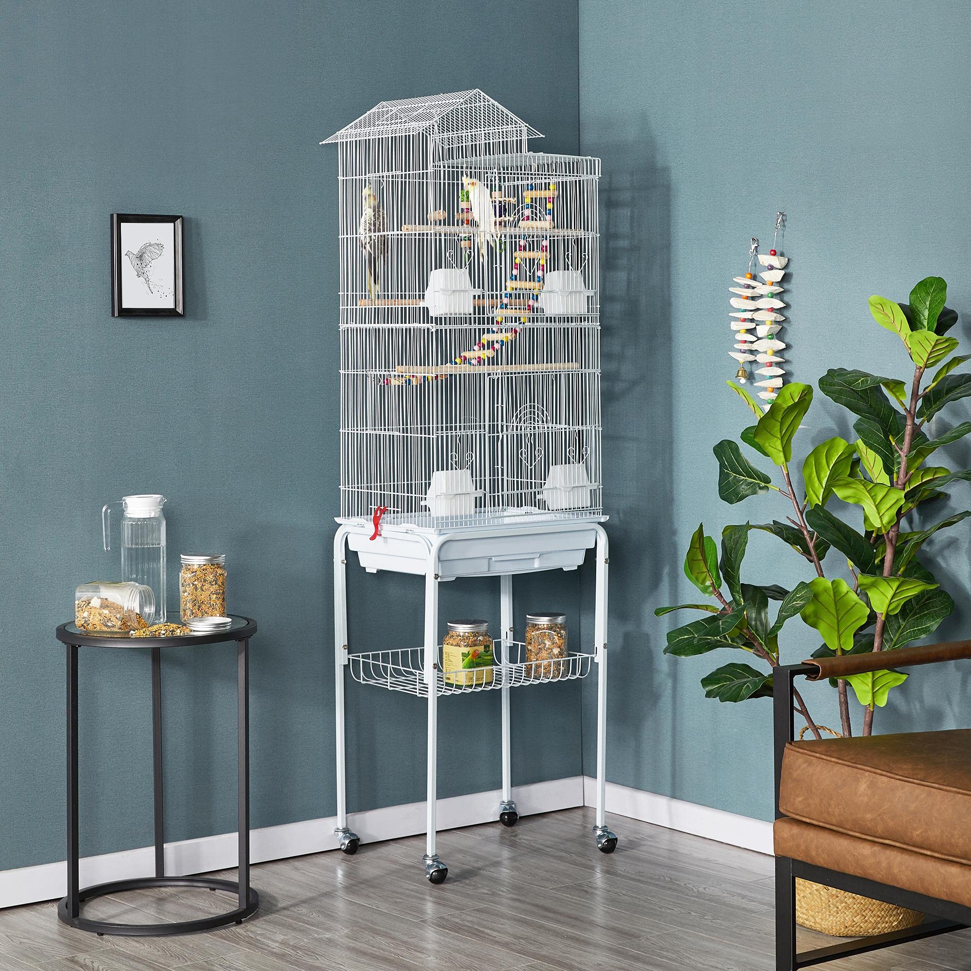 Yaheetech 62.4-inch Roof Top Flight Bird Cage for Parakeets Cockatiels Conures Finches Lovebirds Canaries Budgies Small Parrots, Large Birdcage with Detachable Rolling Stand, White