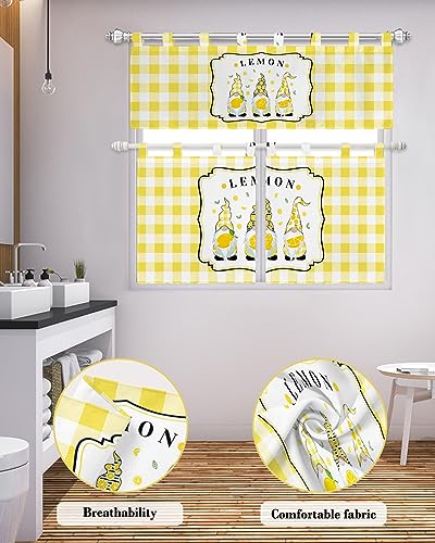 Tab Top Curtain Valance and Tiers Set,Summer Fruit Gnome with Farmhouse Lemon Light Filtering Kitchen Curtains Valances,Yellow White Buffalo Check Pastoral Cafe Window Treatment Drapes for Bedroom