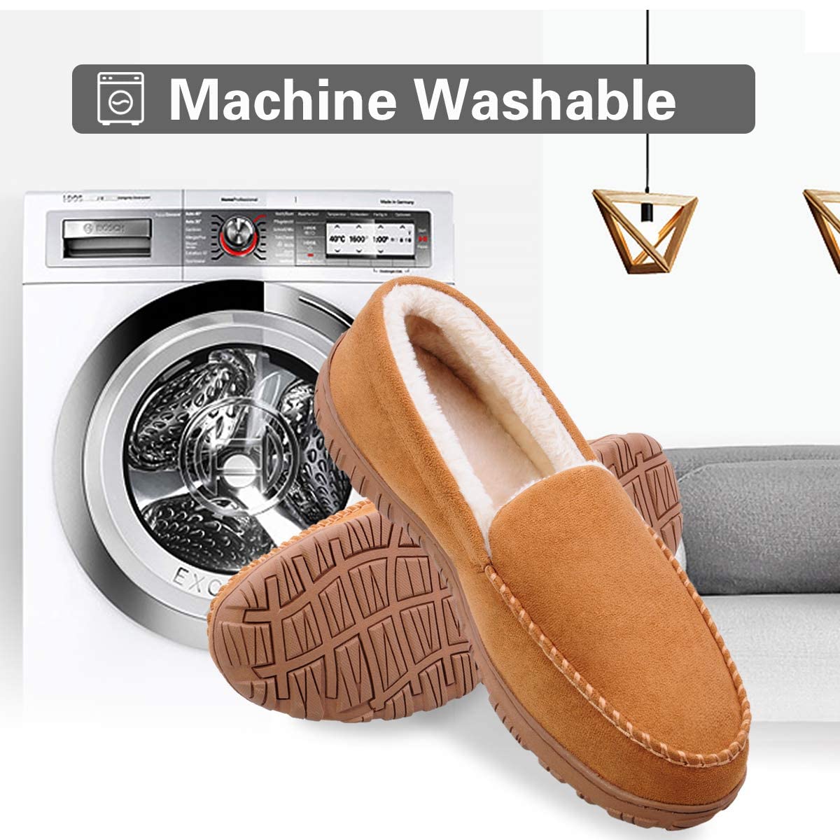 shoeslocker Mens Size 13 Slippers Moccasin Slippers Warm Indoor Outdoor Slippers Beige