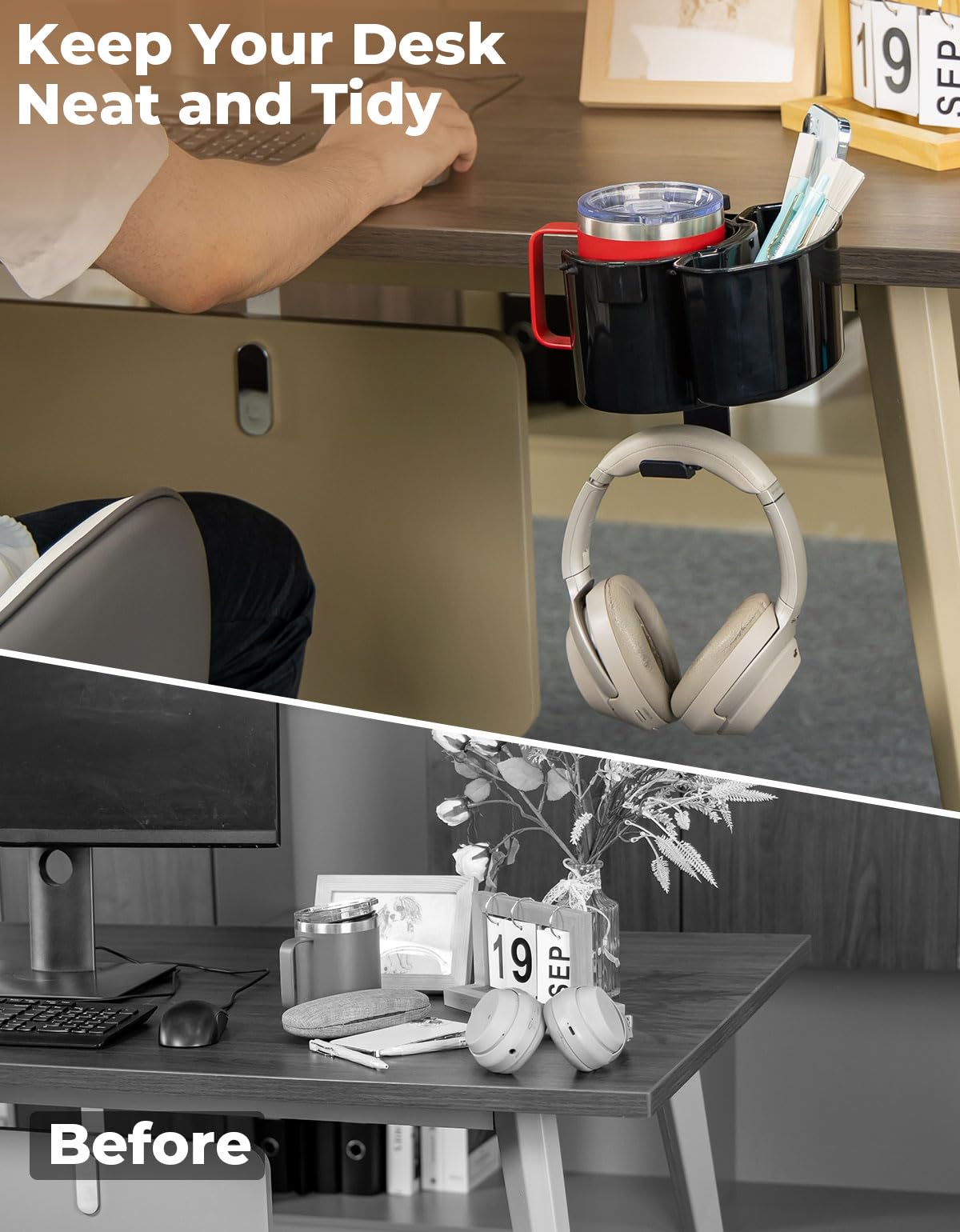yamagahome Desk Cup Holder, 2 in 1 Large Table Cup Holder with Headphone Hanger, Anti-Spill Cup Holder for Water Bottles 18-40 oz, for Wheelchairs, Workstations, Gaming Desk Accessories black